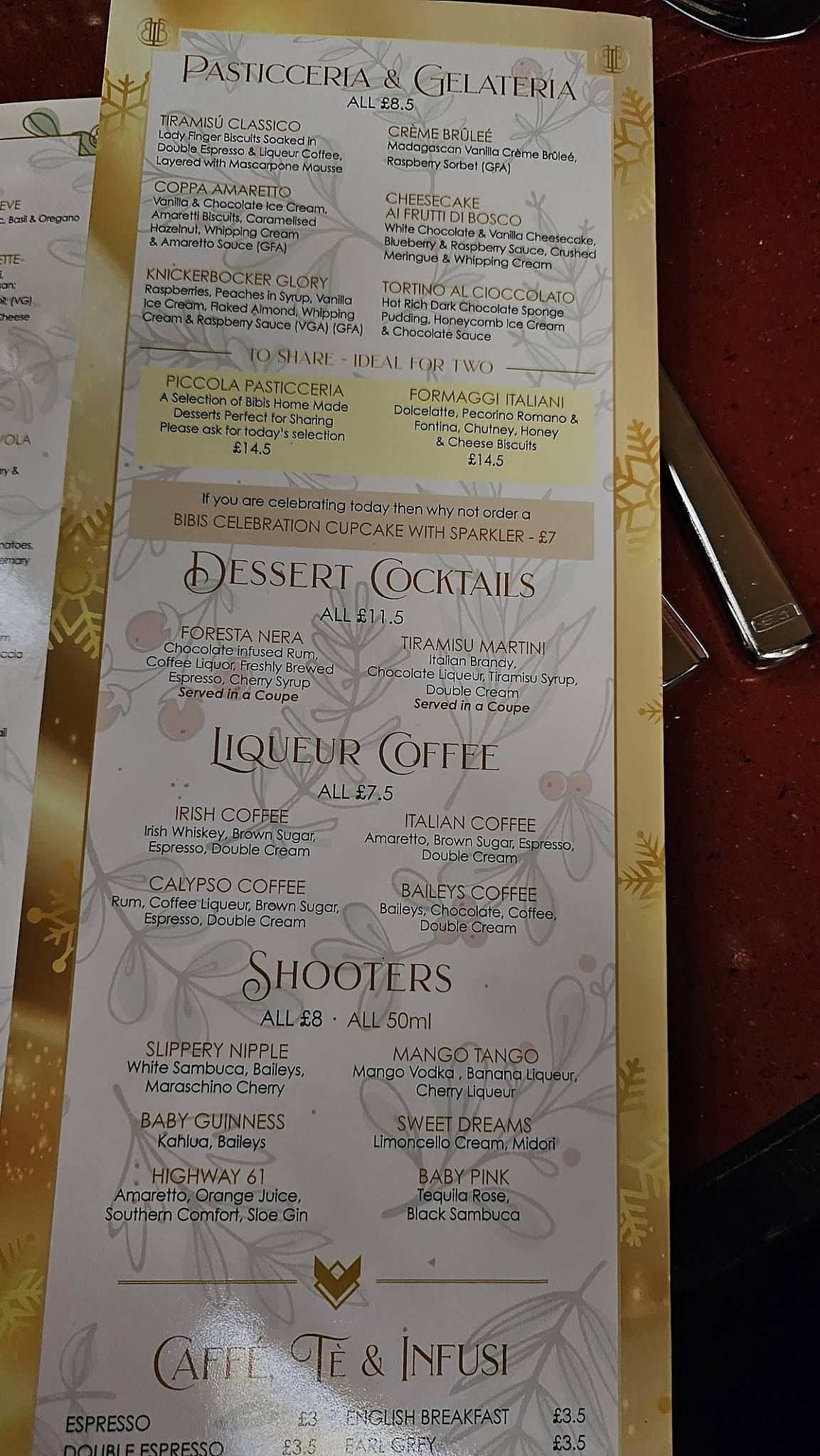 Menu at Bibis Restaurant, Leeds