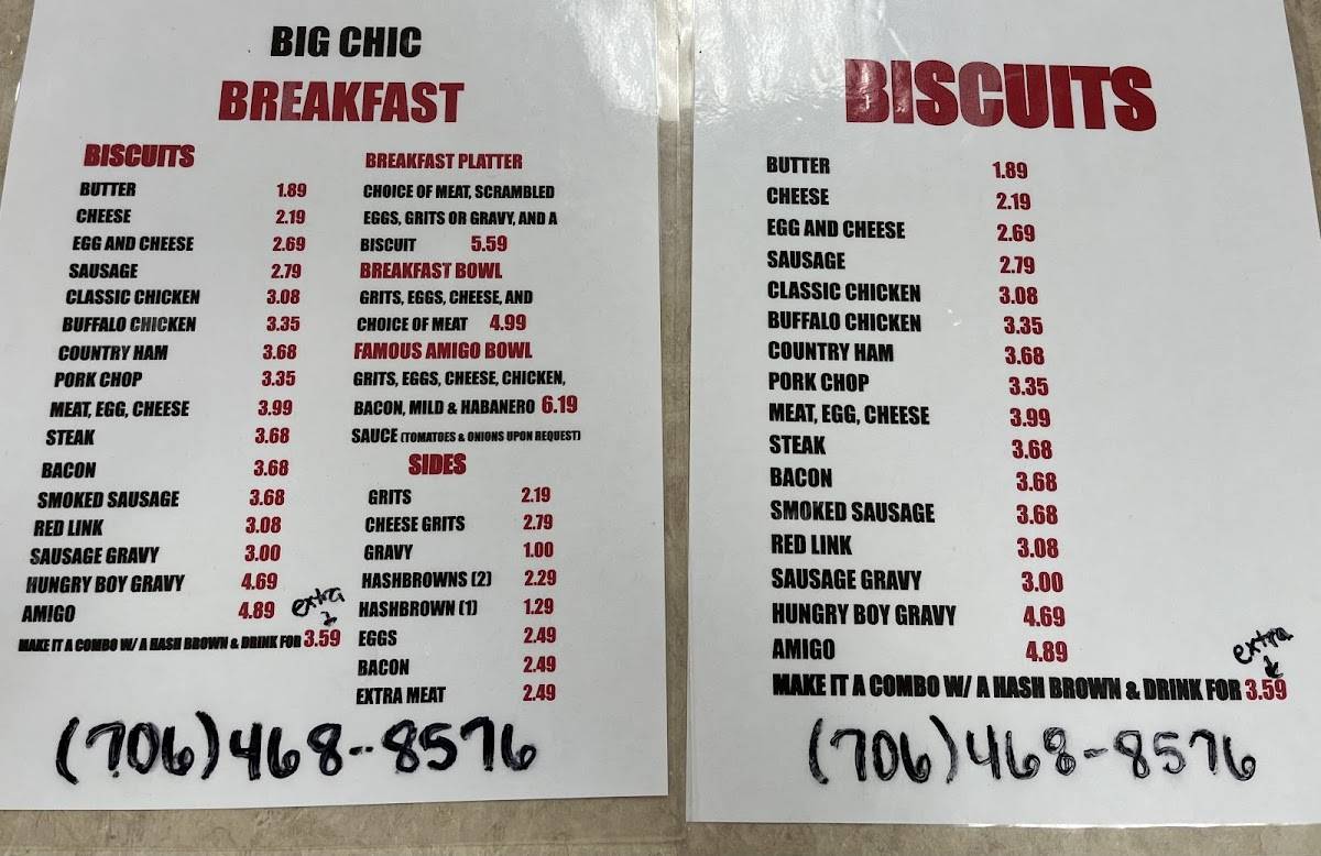 Menu at Big Chic restaurant, Monticello, 229 W Greene St