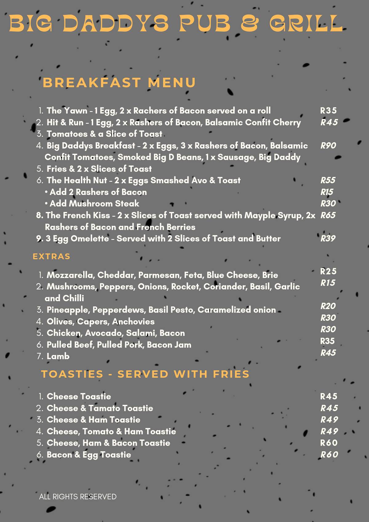 Menu at Big Daddy Pub & Grill, Nelspruit