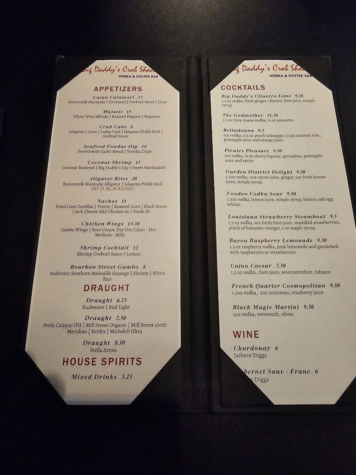 Menu au Big Daddy's Crab Shack Vodka and Oyster Bar, Ottawa