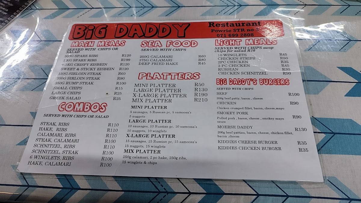 Menu at Big Daddy's Restaurant Mosselbay, Mossel Bay
