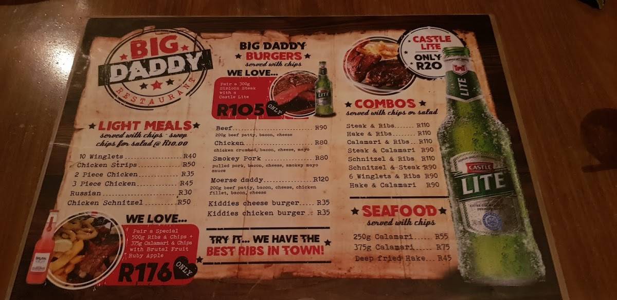 Menu at Big Daddy's Restaurant Mosselbay, Mossel Bay