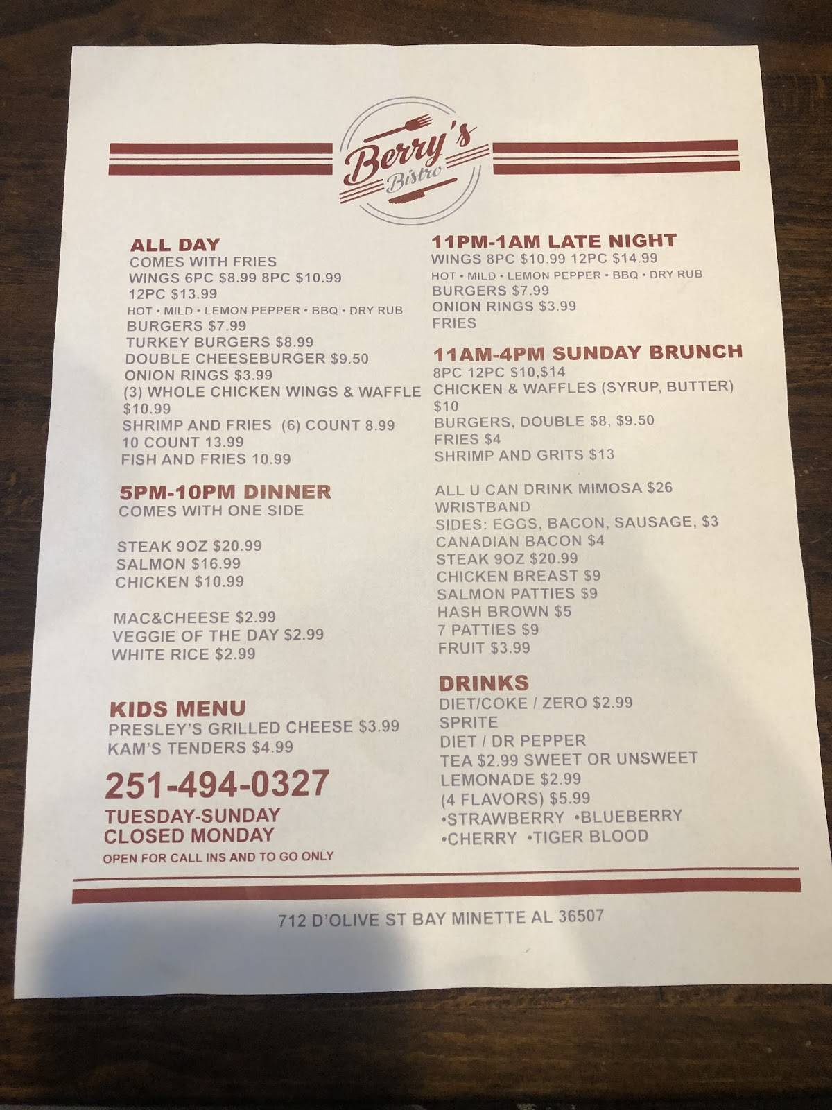 Carta de Big Red's BBQ & BISTRO, Bay Minette