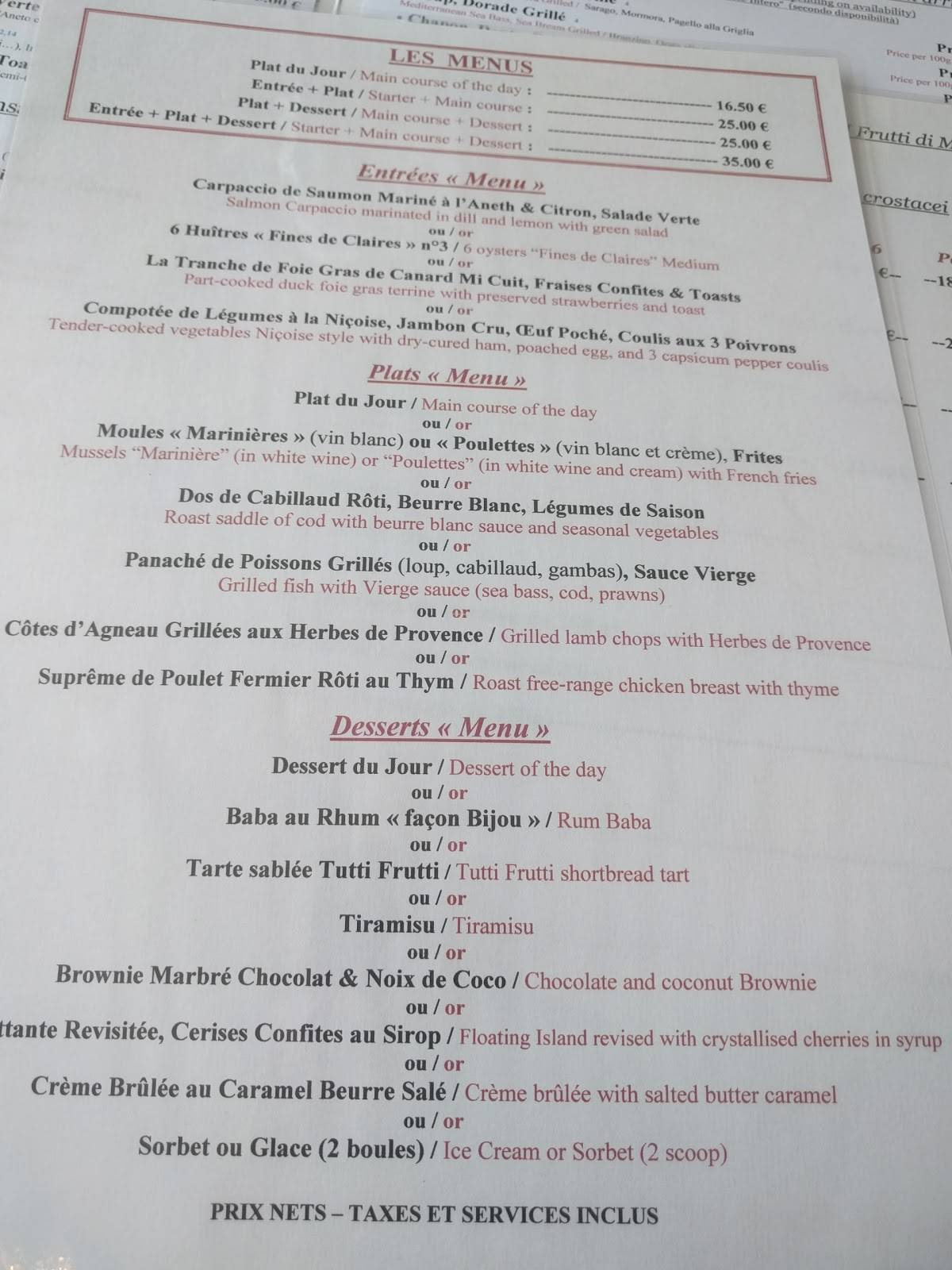 Menu au Bijou Plage restaurant, Antibes