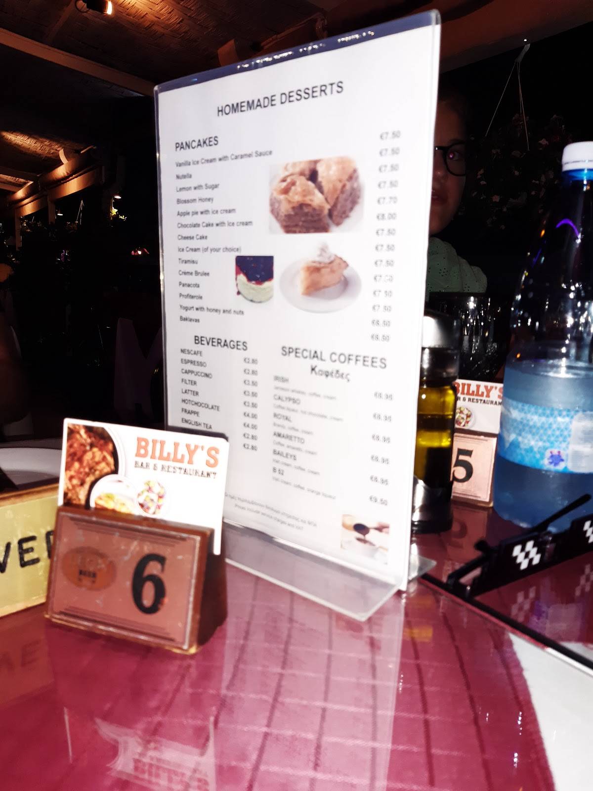 Menu at Billy's Restaurant, Paphos