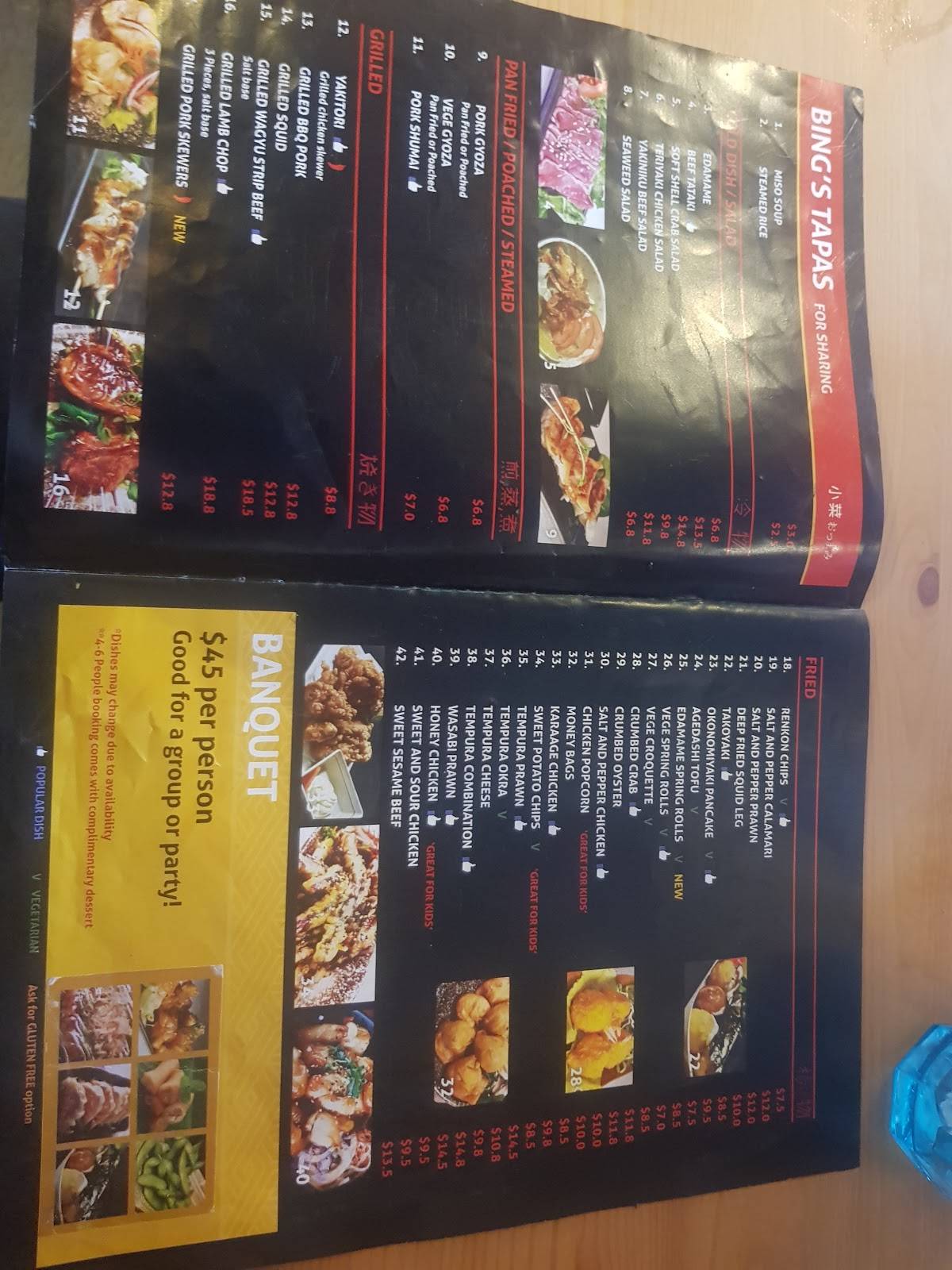 Menu at Bing’s Nomiya restaurant, Mackay