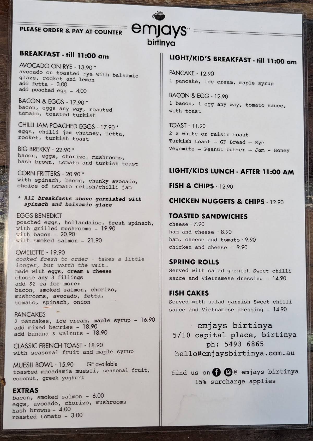 Menu at Emjays Birtinya cafe, Birtinya, Shop 5/10 Capital Pl