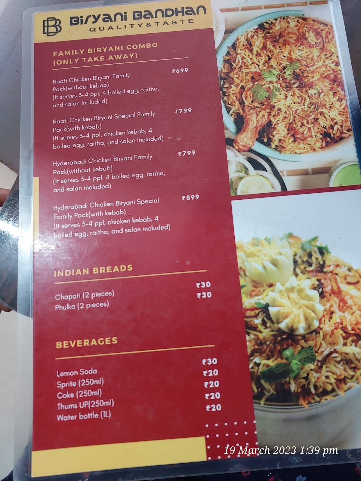 Menu at Biryani Bandhan, Bengaluru