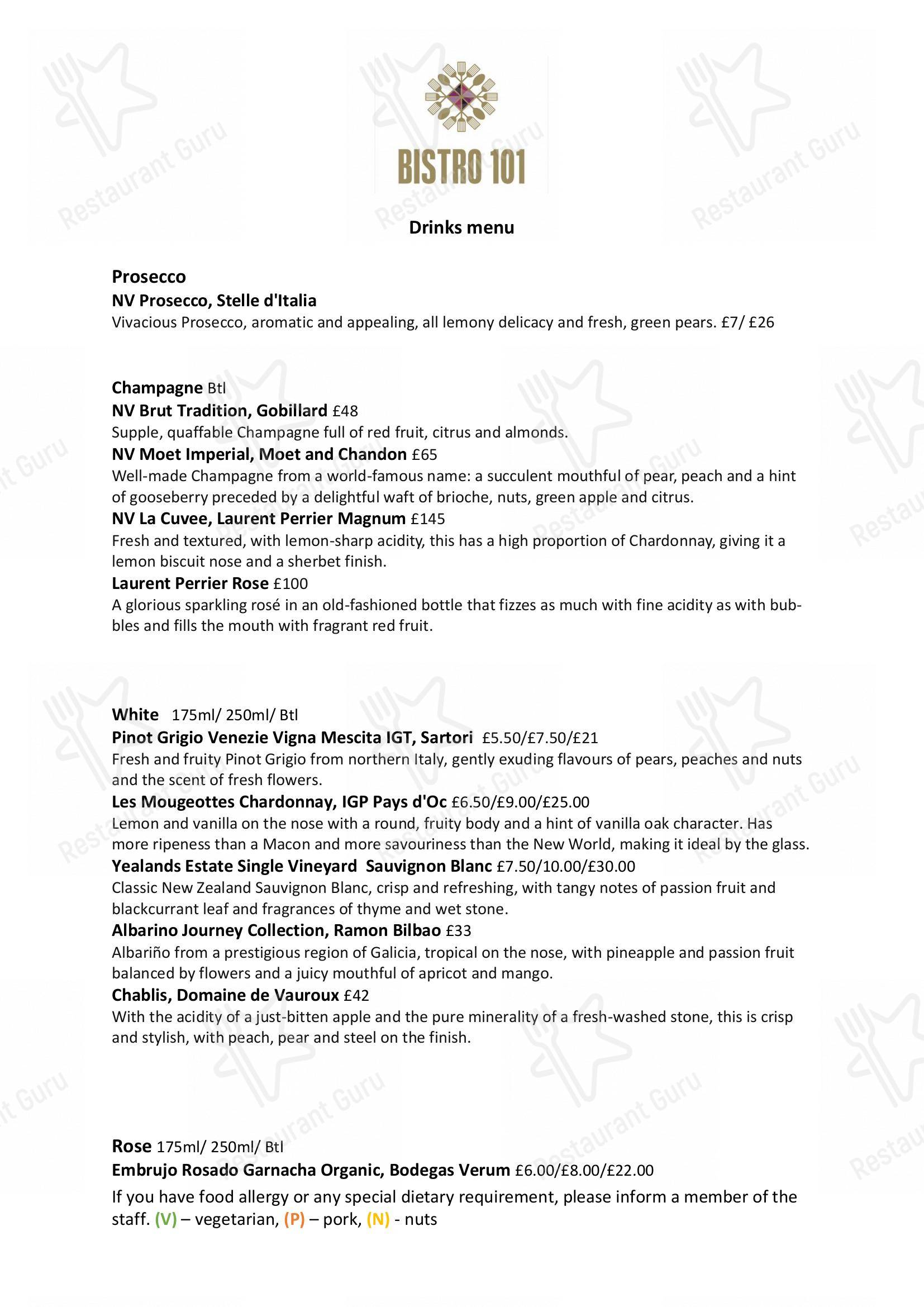Carta del restaurante Bistro 101, Stanmore