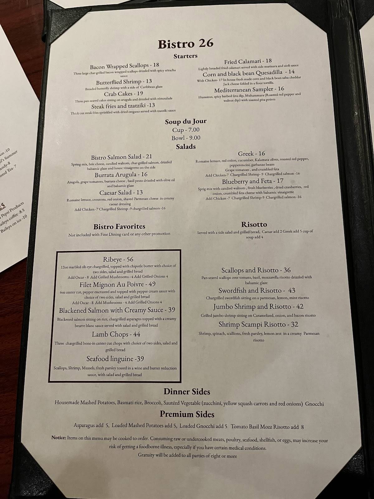 Menu at Bistro 26 restaurant, Erie