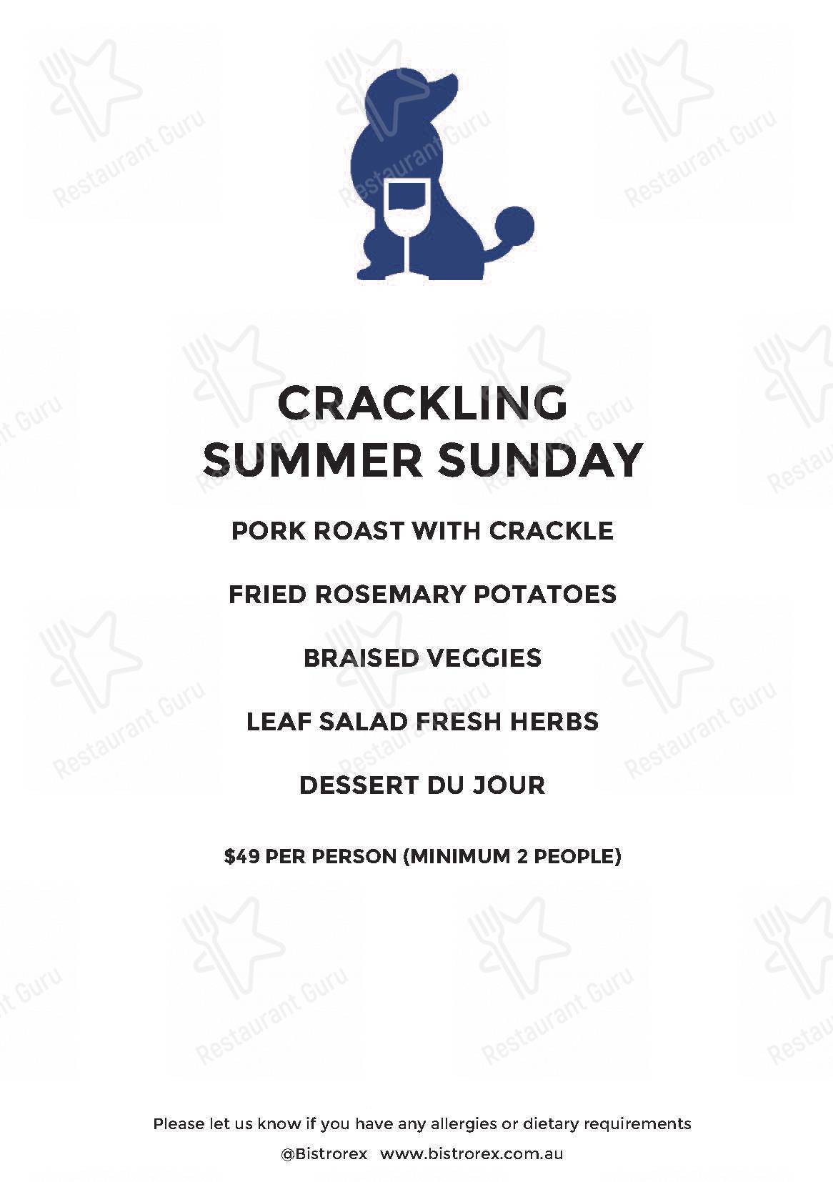 Menu at Bistro Rex Restaurant, Potts Point