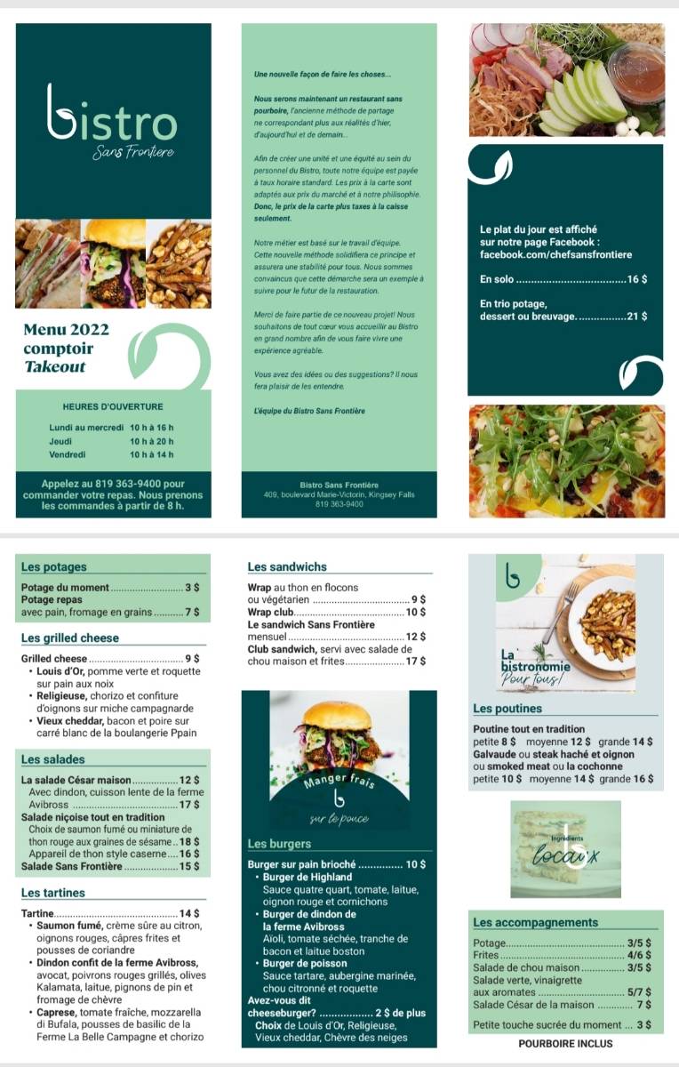Menu au Bistro sans frontière restaurant, Kingsey Falls