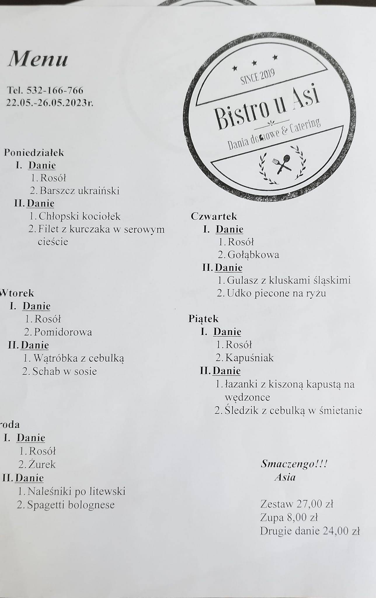 Menu at Bistro u Asi restaurant, Międzyrzecz