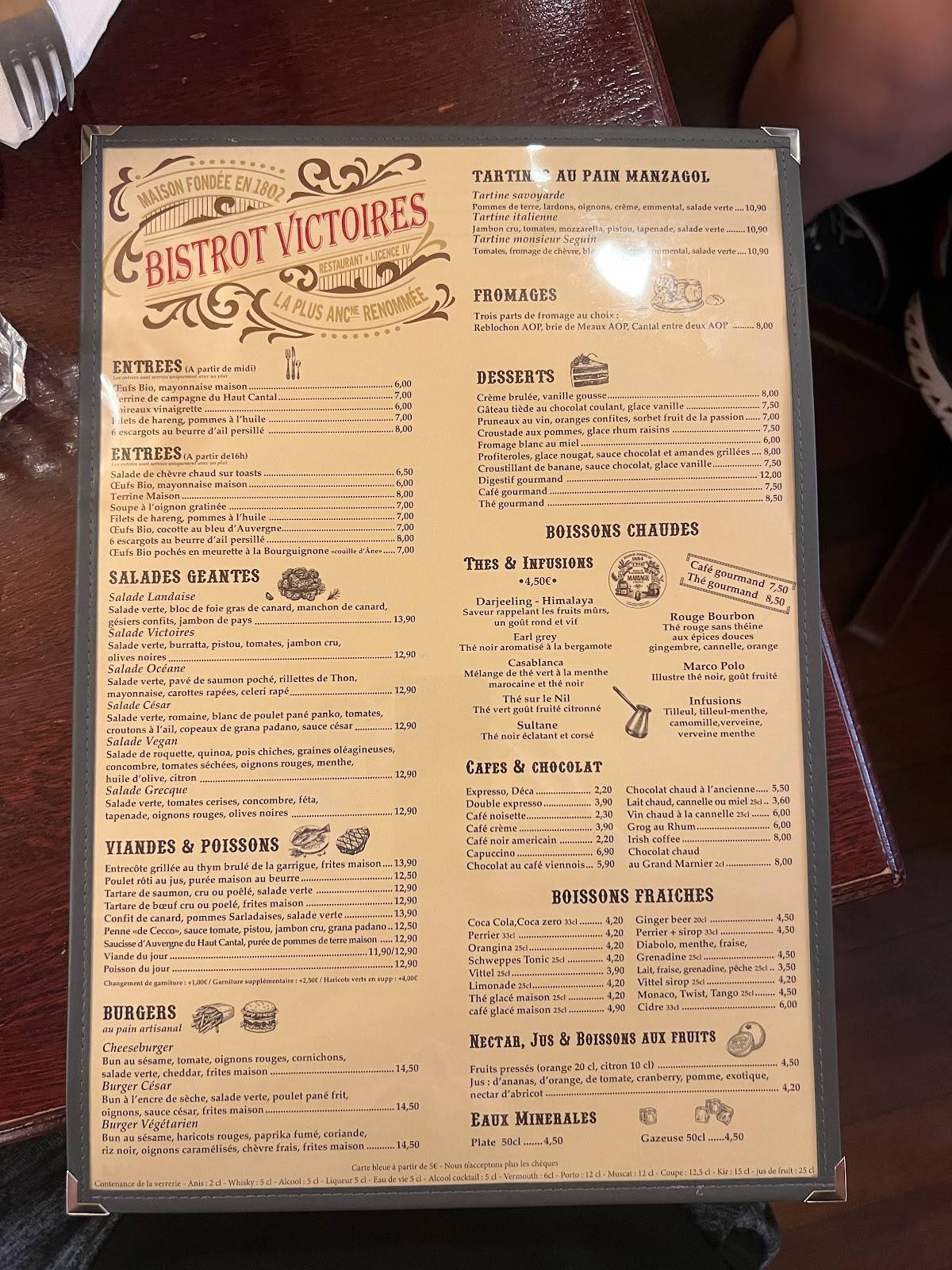 Menu at Bistrot Victoires restaurant, Paris, 6 Rue de la Vrillière