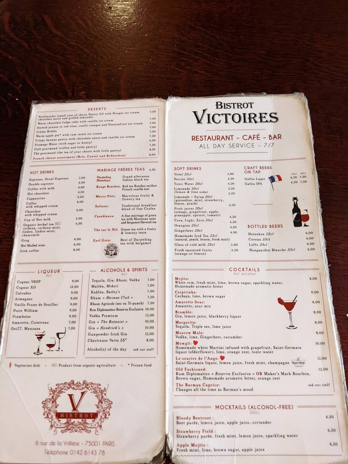 Menu at Bistrot Victoires restaurant, Paris, 6 Rue de la Vrillière