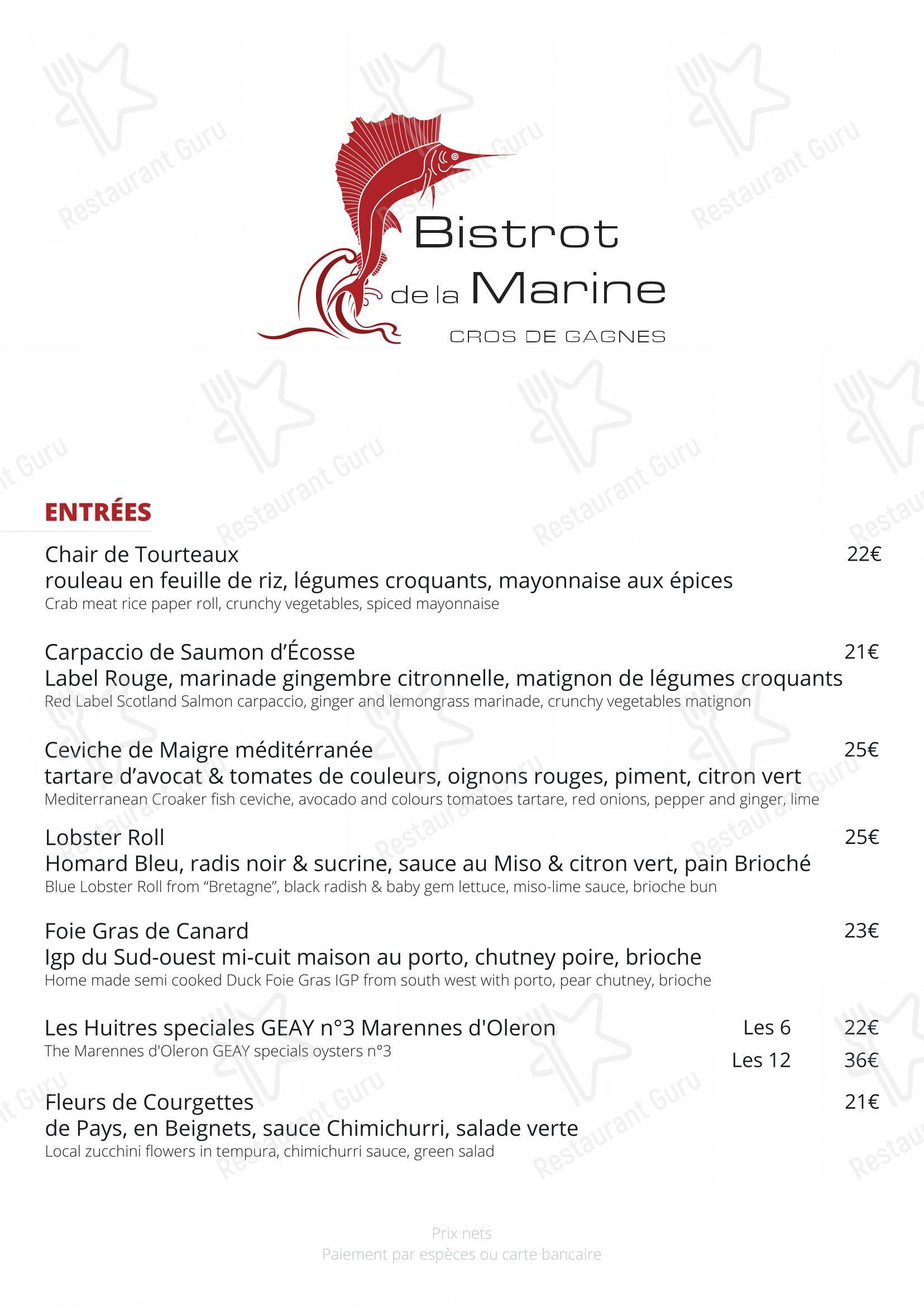 Menu au Bistrot de la Marine restaurant, Cagnes-sur-Mer