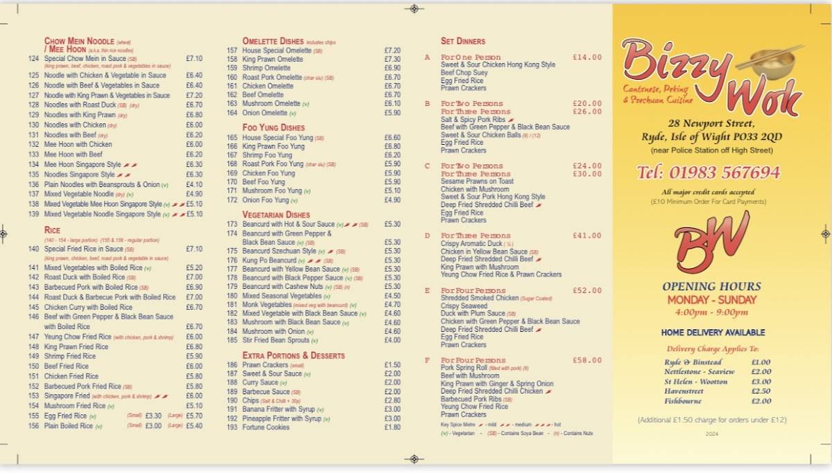 Menu at Bizzy Wok Take Away fast food, Ryde