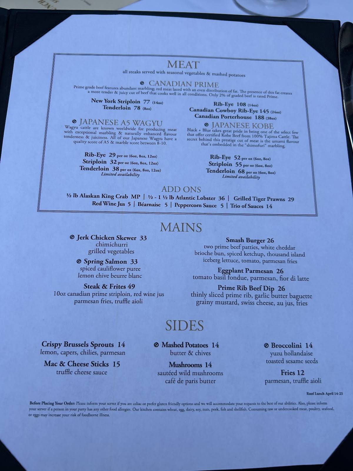 Menu at Black+Blue steakhouse, Vancouver