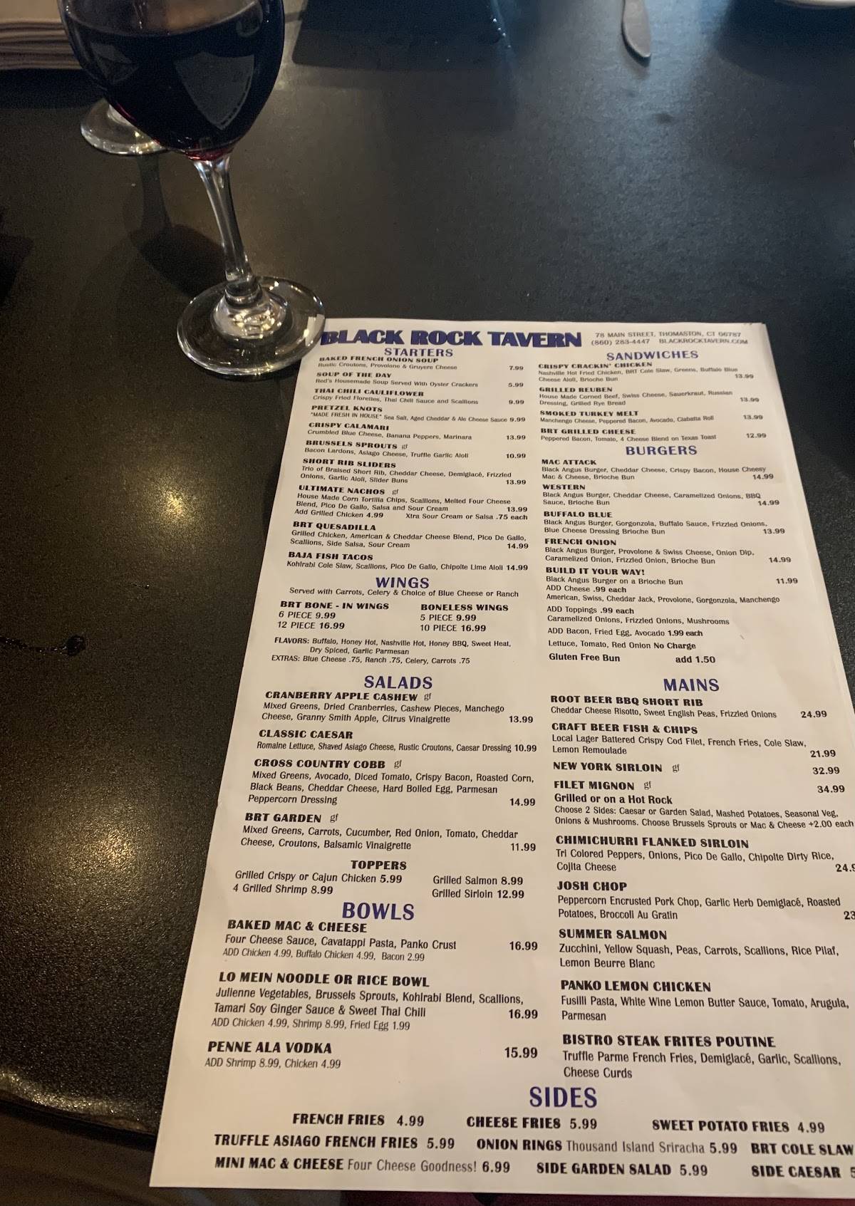 Menu at Black Rock Tavern & Restaurant, Thomaston