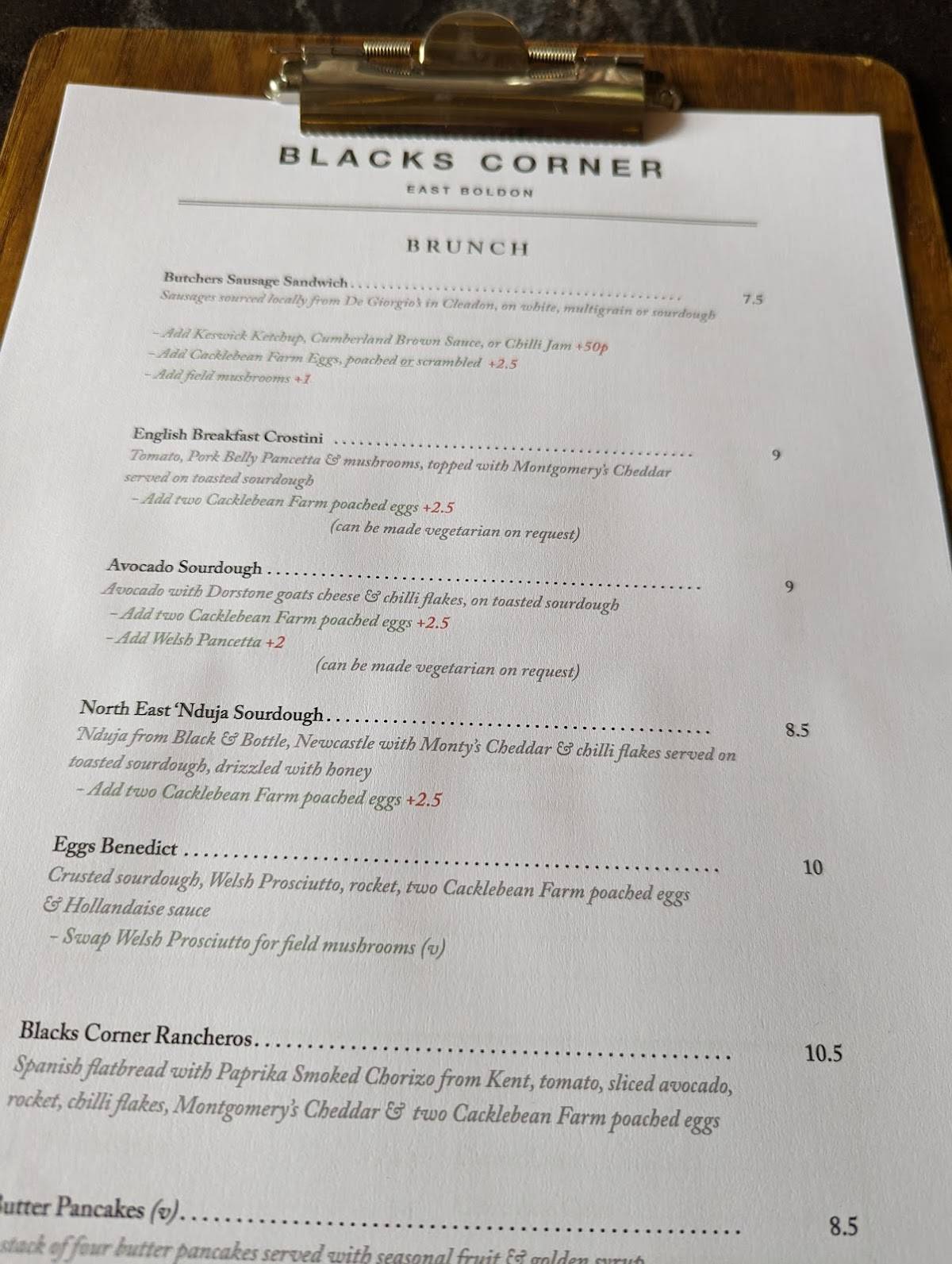 Menu at Blacks Corner restaurant, East Boldon
