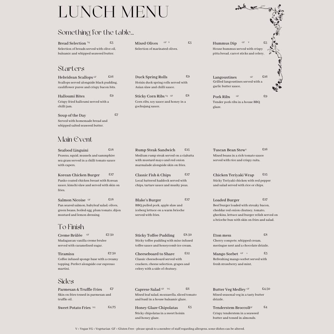 Menu at Blake’s Bar & Kitchen, Stornoway