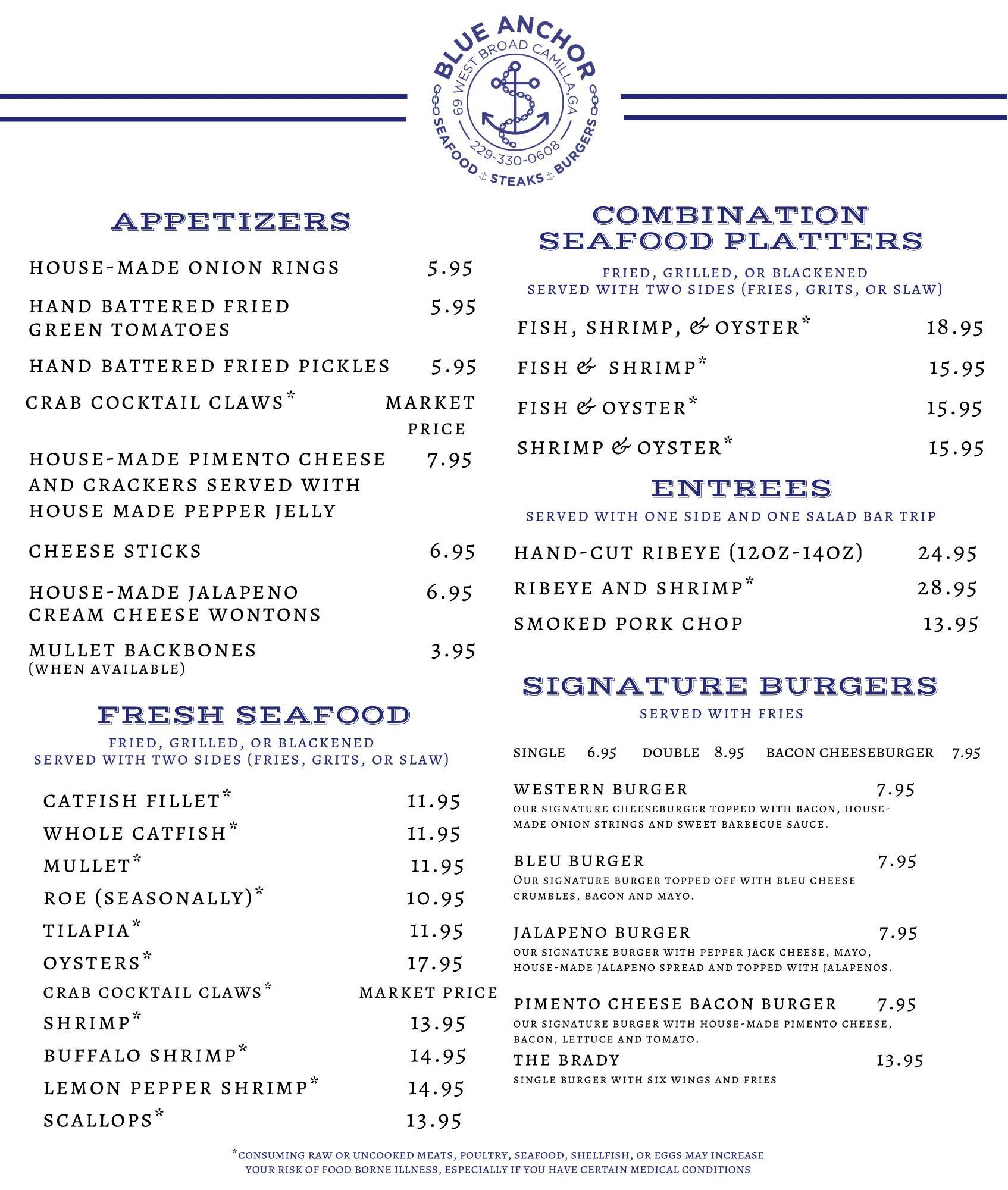 Menu at Blue Anchor Camilla restaurant, Camilla
