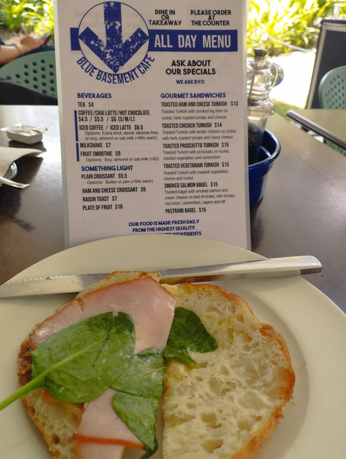 Menu at Blue Basement Cafe, South Brisbane