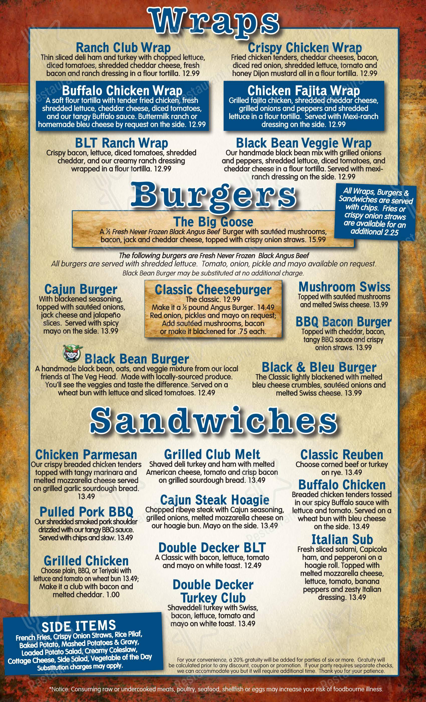 Menu at Blue Goose Sports Cafe, Cincinnati