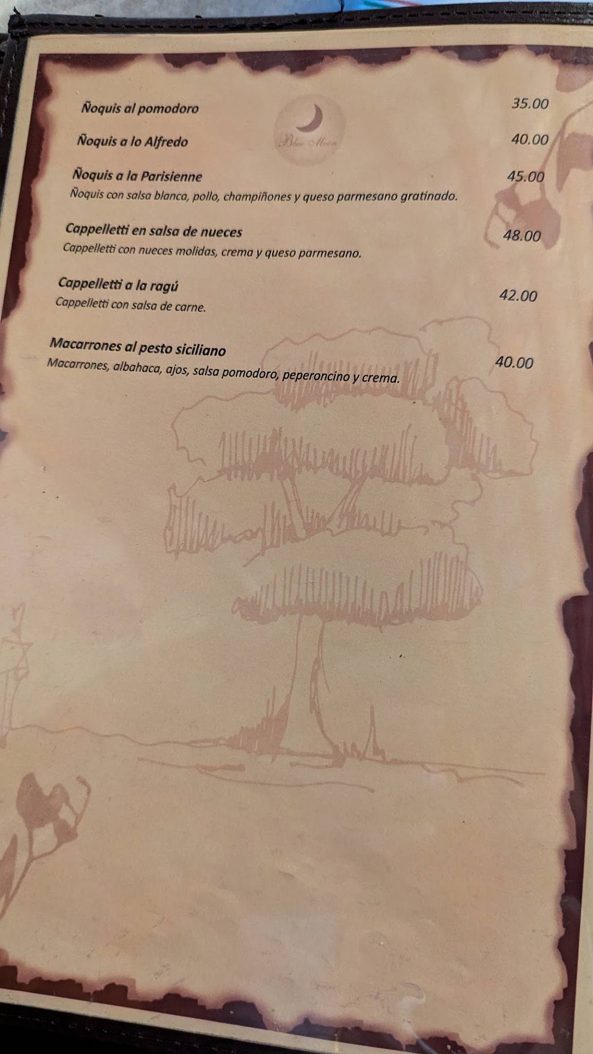 Menu at Blue Moon restaurant, Lince, Jr. Brigadier Pumacahua 2520
