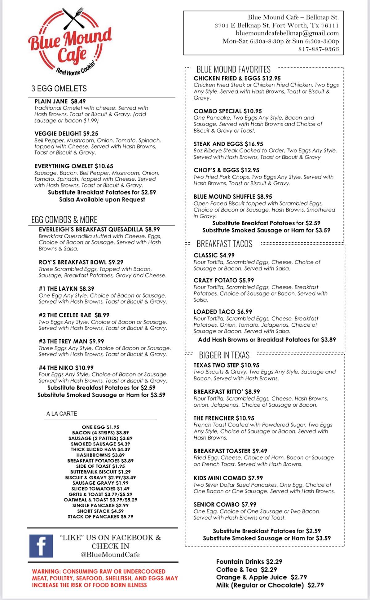 Menu at Blue Mound Cafe - Belknap, Fort Worth