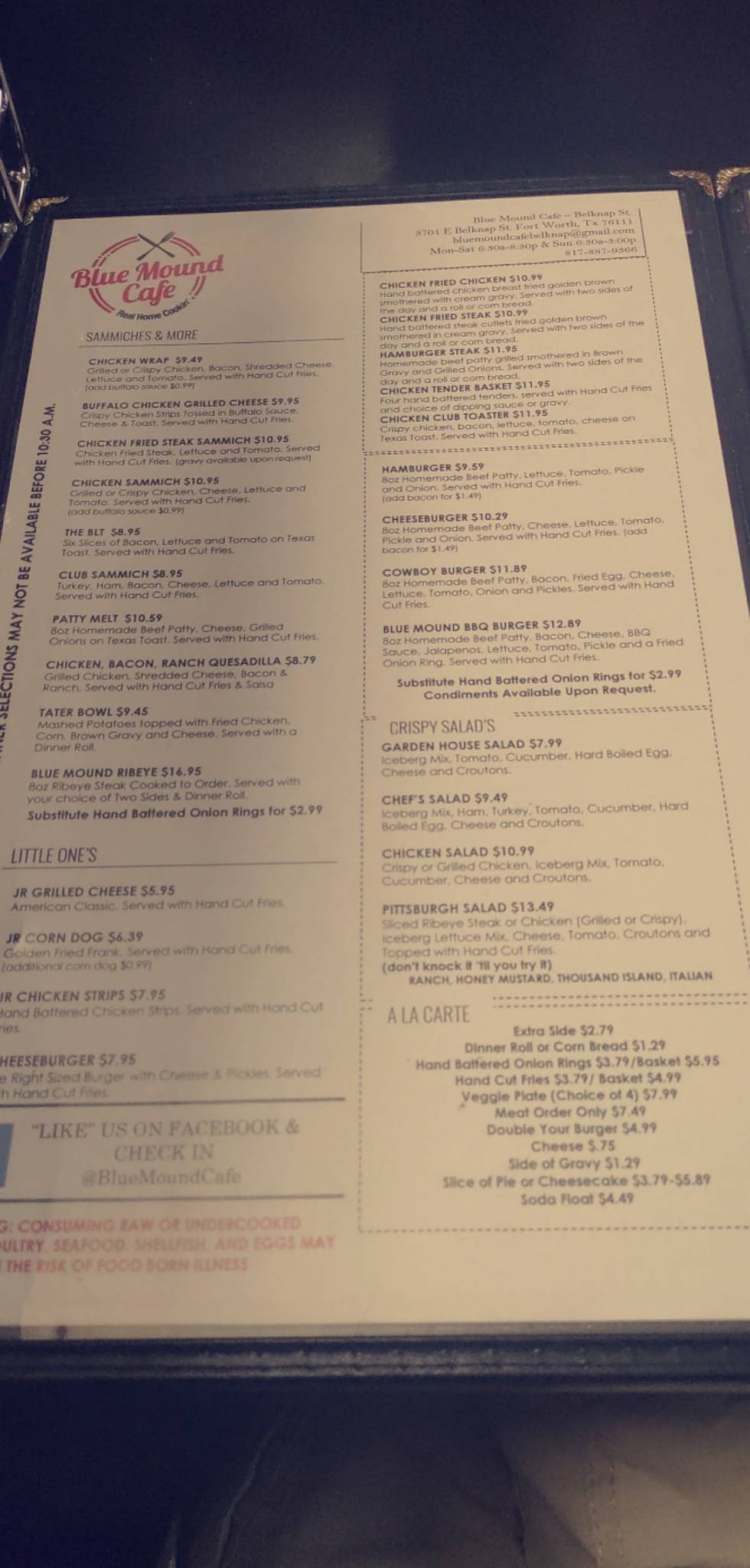 Menu at Blue Mound Cafe - Belknap, Fort Worth