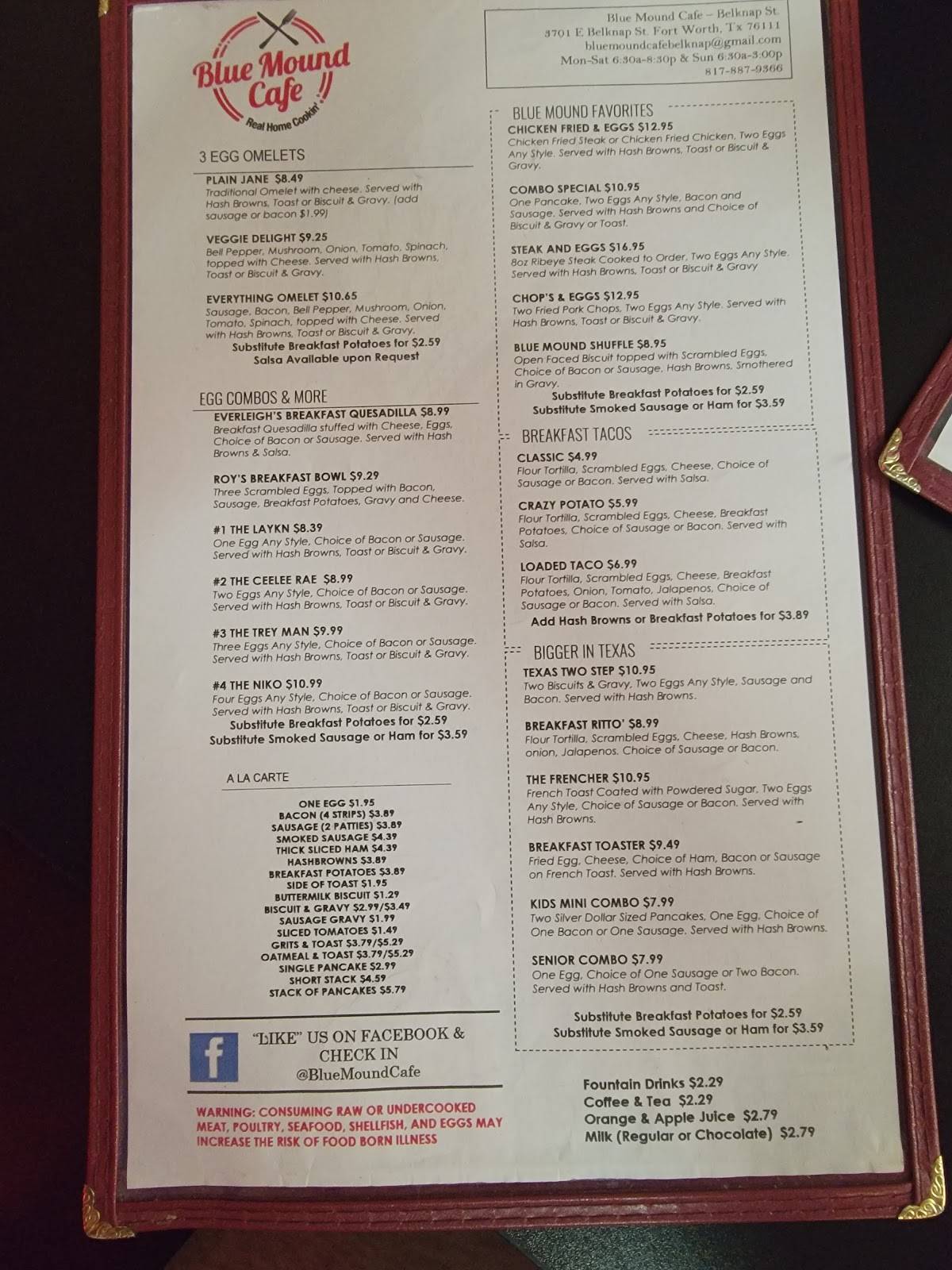 Menu at Blue Mound Cafe - Belknap, Fort Worth