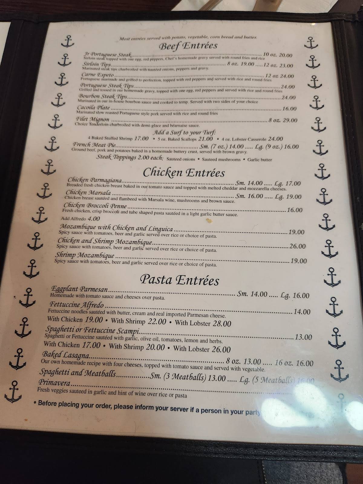 Menu at Blue Point Restaurant, Acushnet