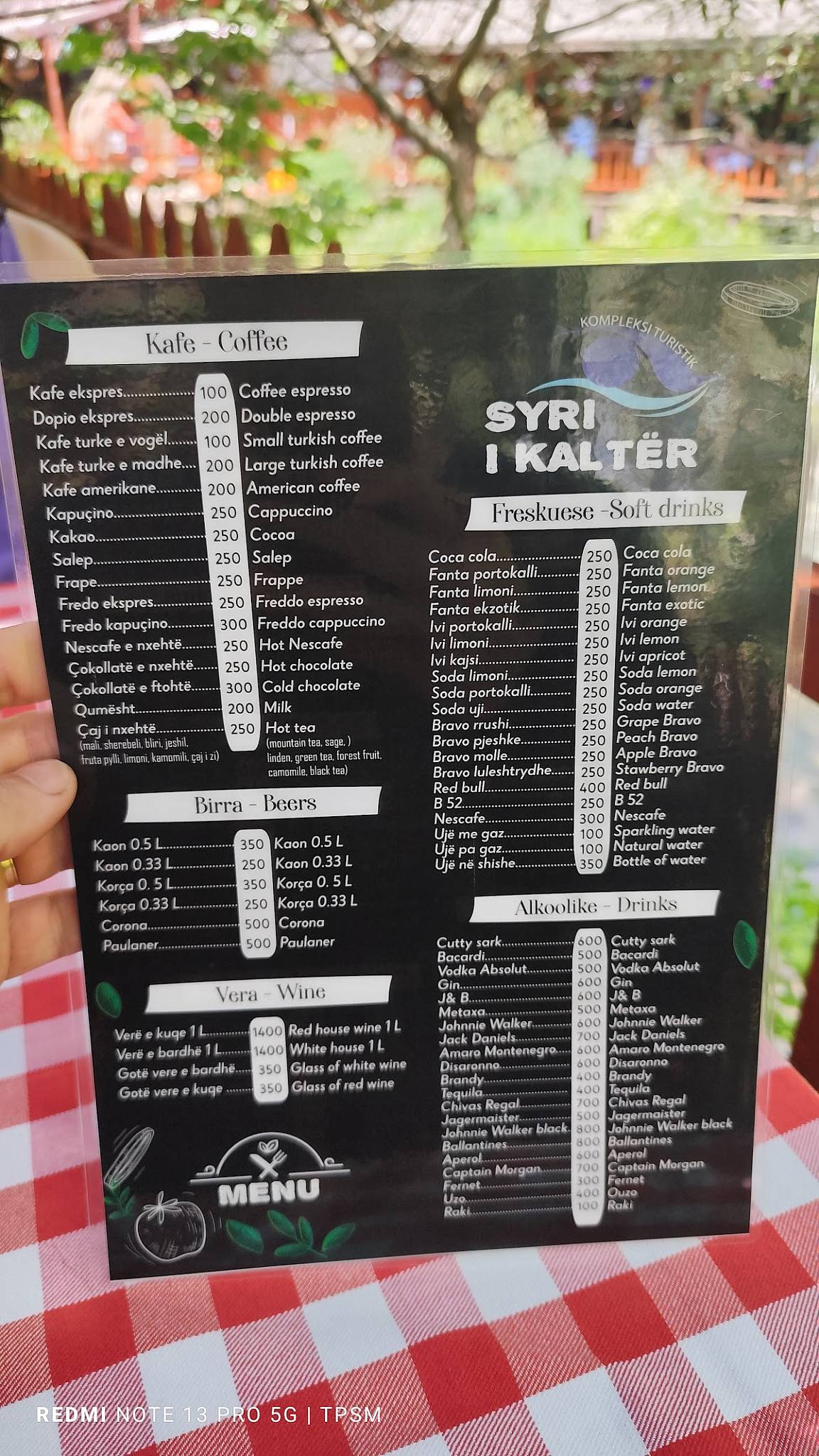 Menu at Blue eye restaurant, Muzinë
