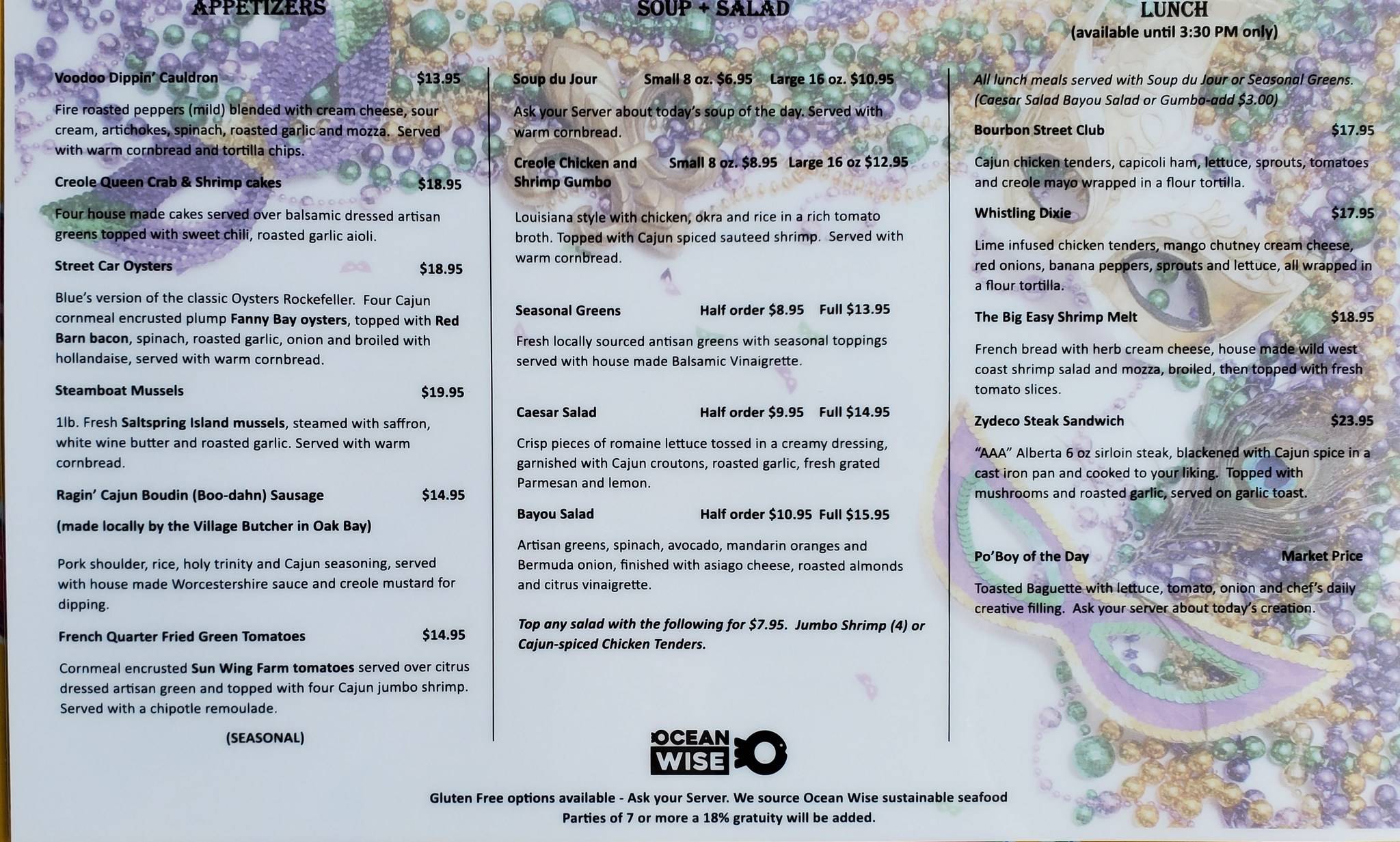Menu at Blue's Bayou Cafe, Brentwood Bay