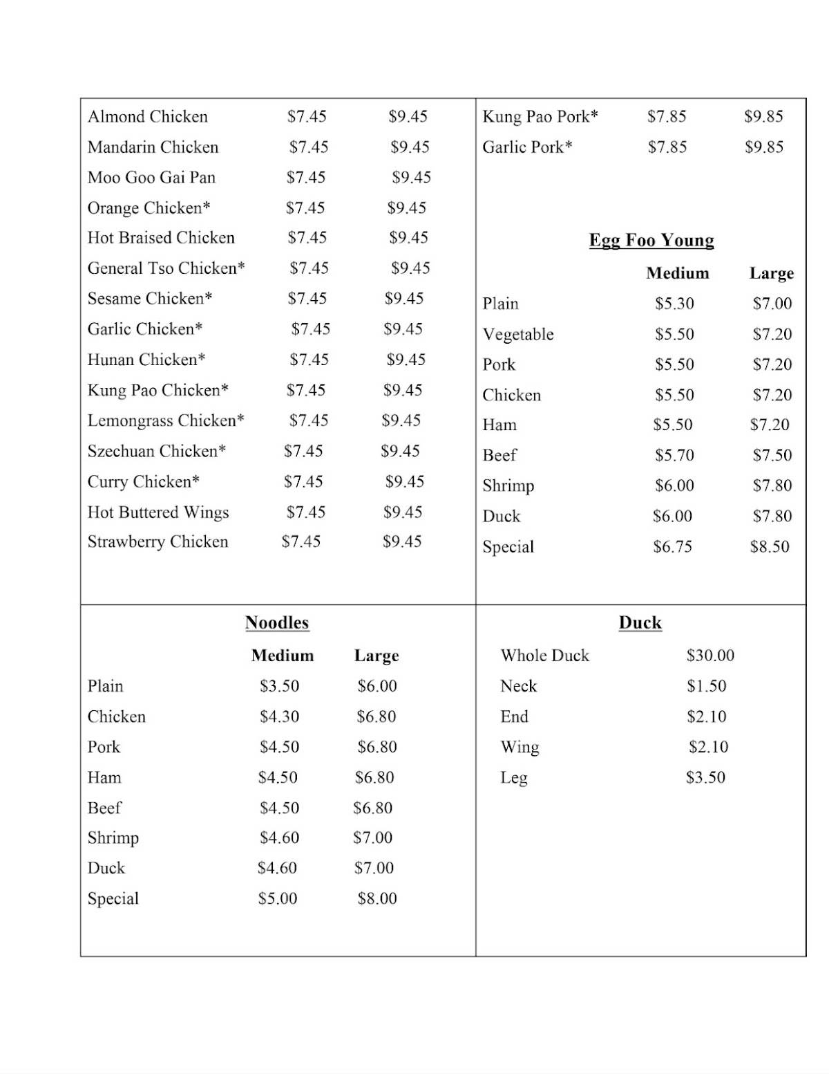 Menu at Bo Fung Chinese Kitchen restaurant, St. Louis