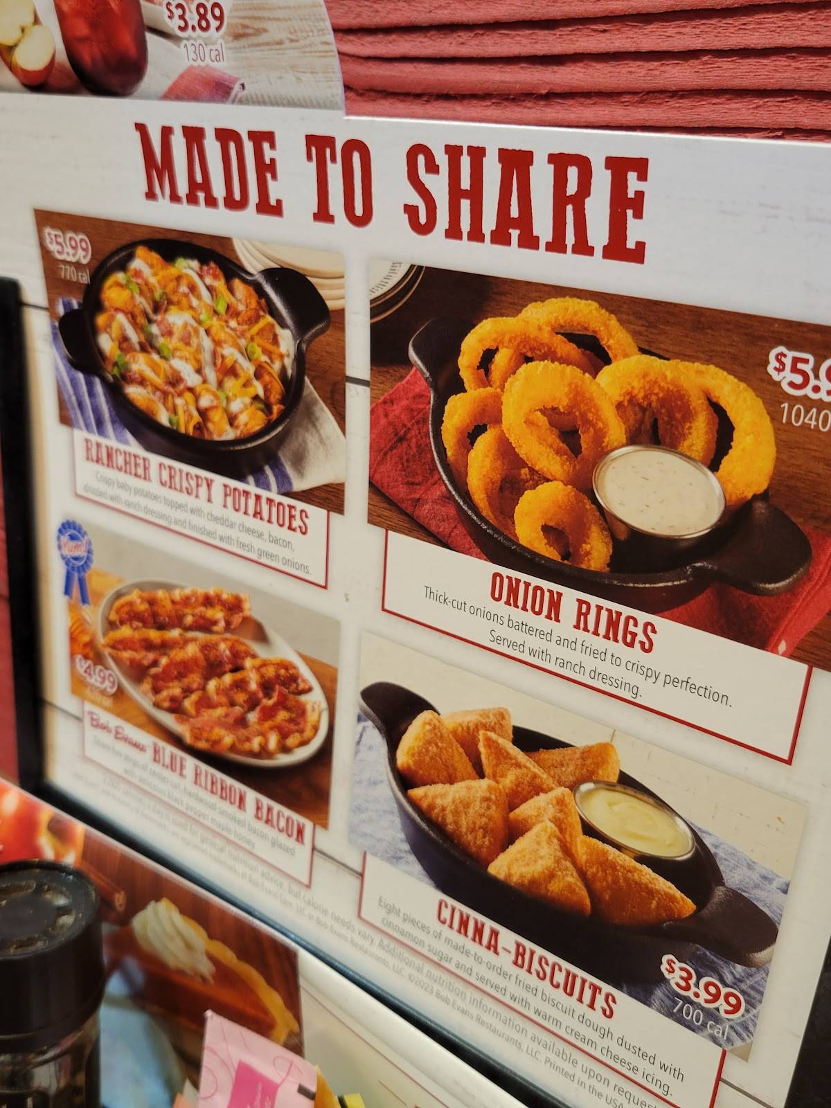 Menu at Bob Evans restaurant, Franklin