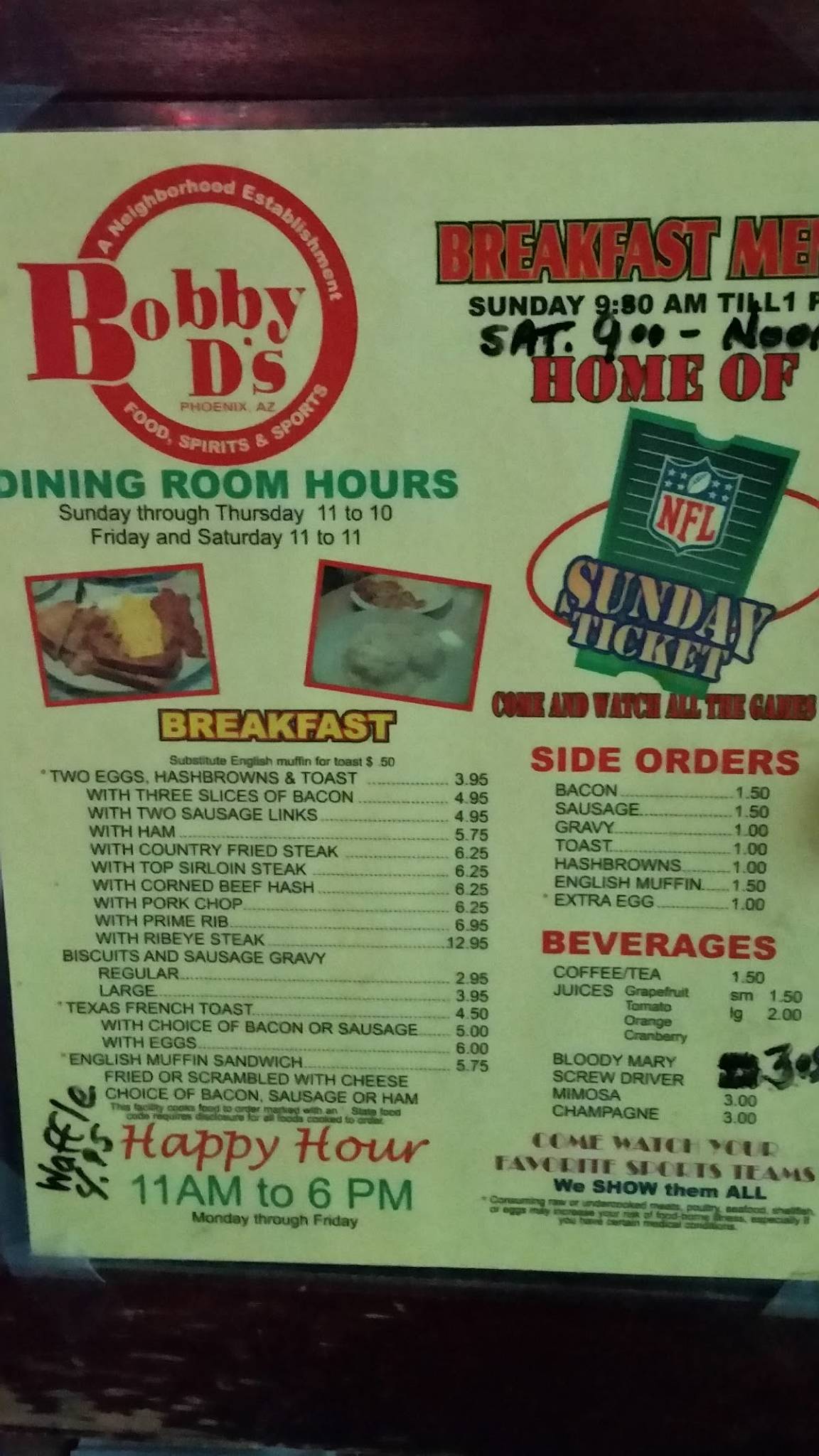 Menu at Bobby D's Restaurant & Lounge, Phoenix