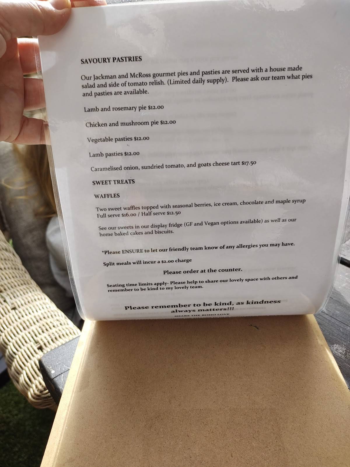 Menu at Boho At The Beach cafe, Kingston Beach
