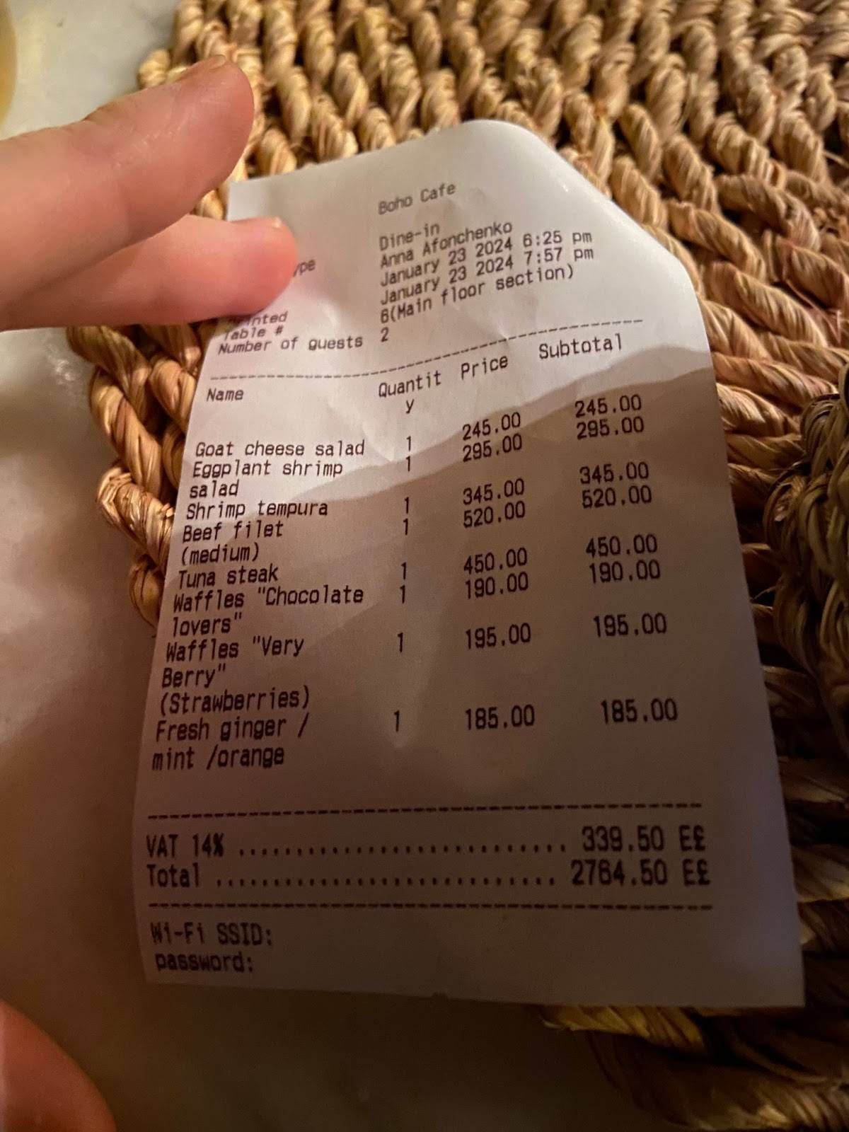 Menu at Boho Cafe, El Gouna, Abu Tig Marina