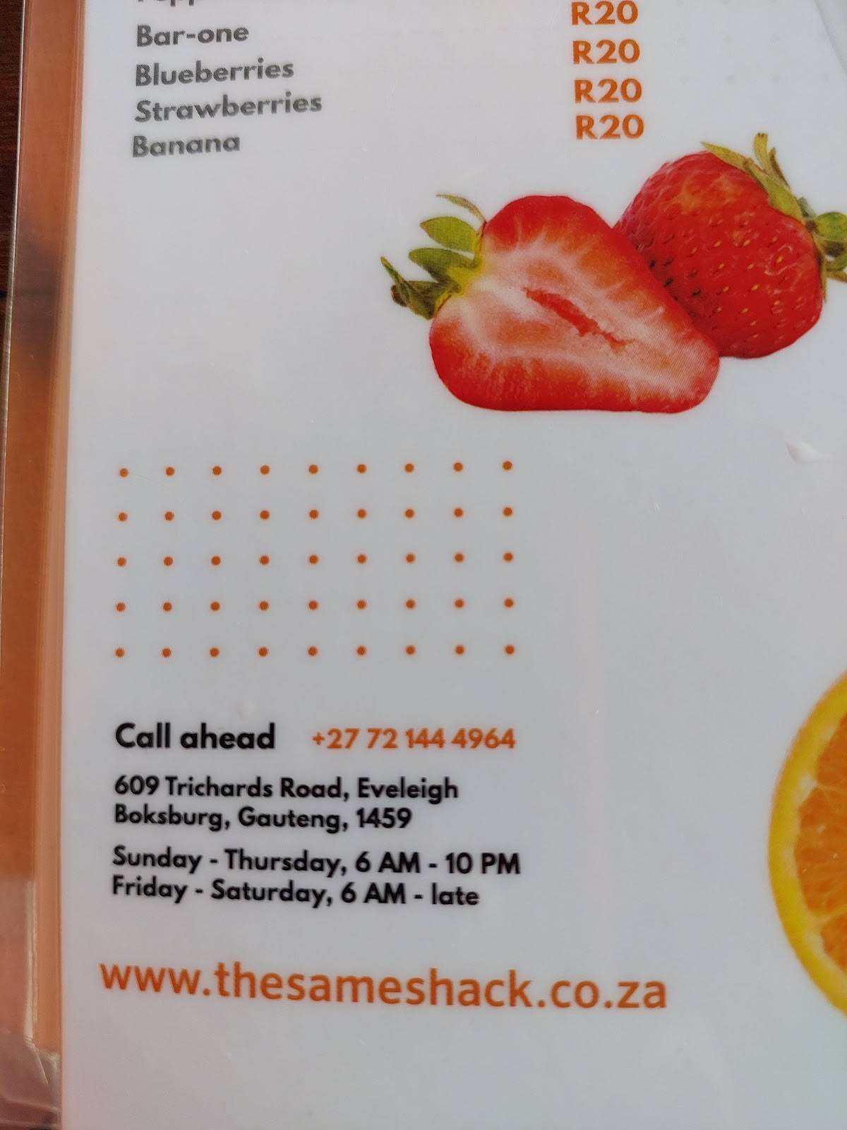 Menu at The Same Shack restaurant, Boksburg