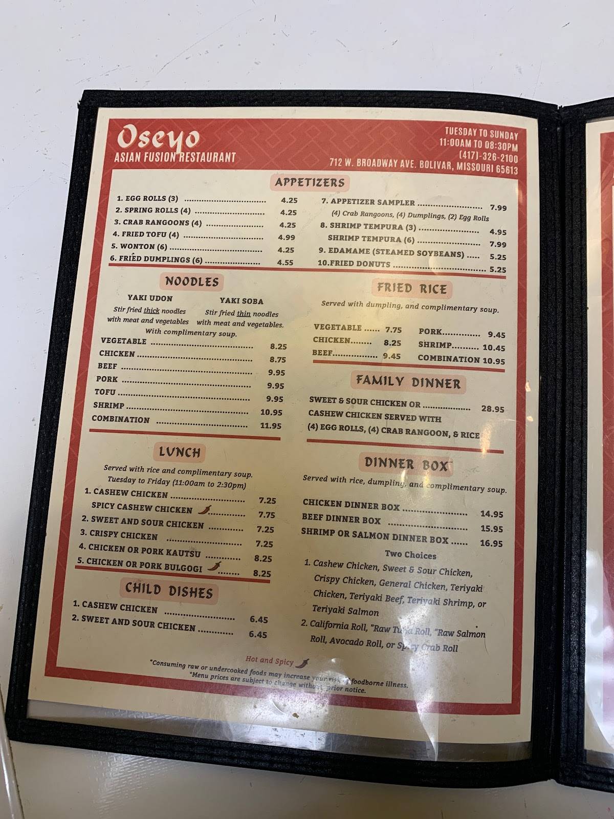 Menu at Oseyo Restaurant, Bolivar