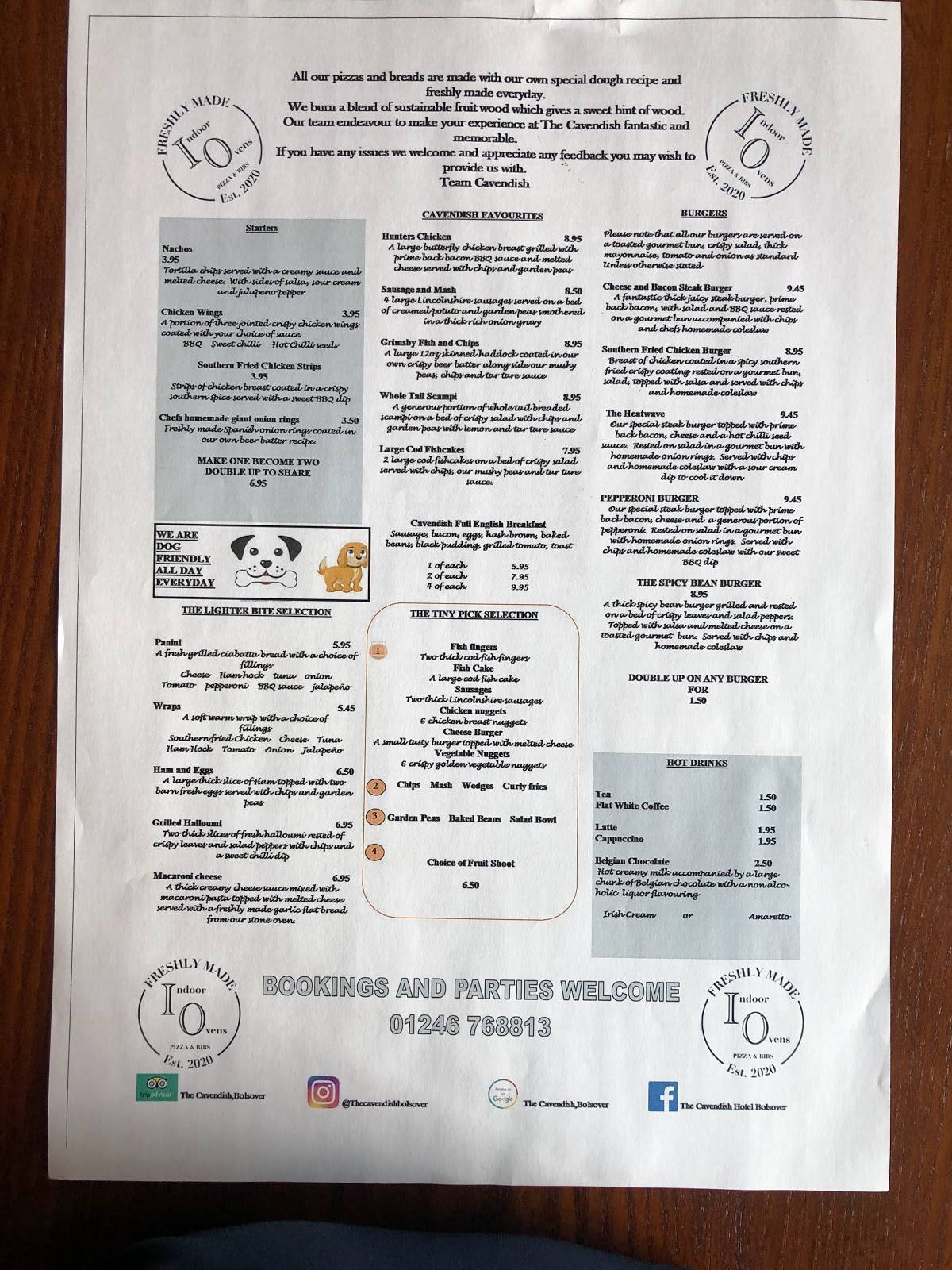Menu at Cavendish pub & bar, Bolsover