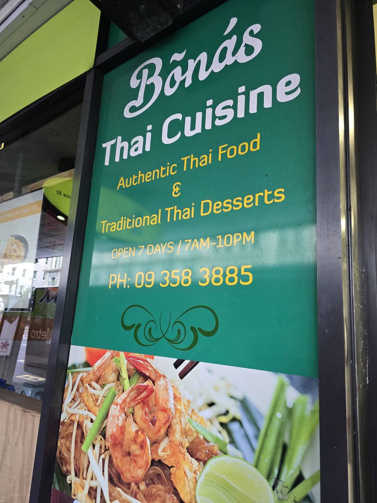 Menu at Bona's Thai Cuisine restaurant, Auckland
