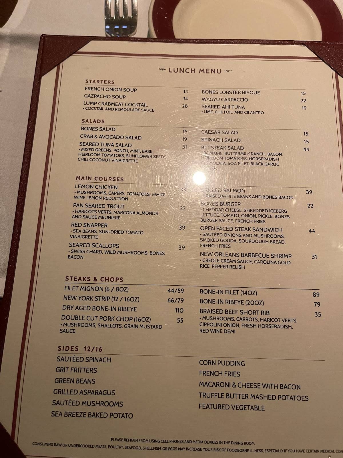 Menu at Bones Restaurant, Atlanta