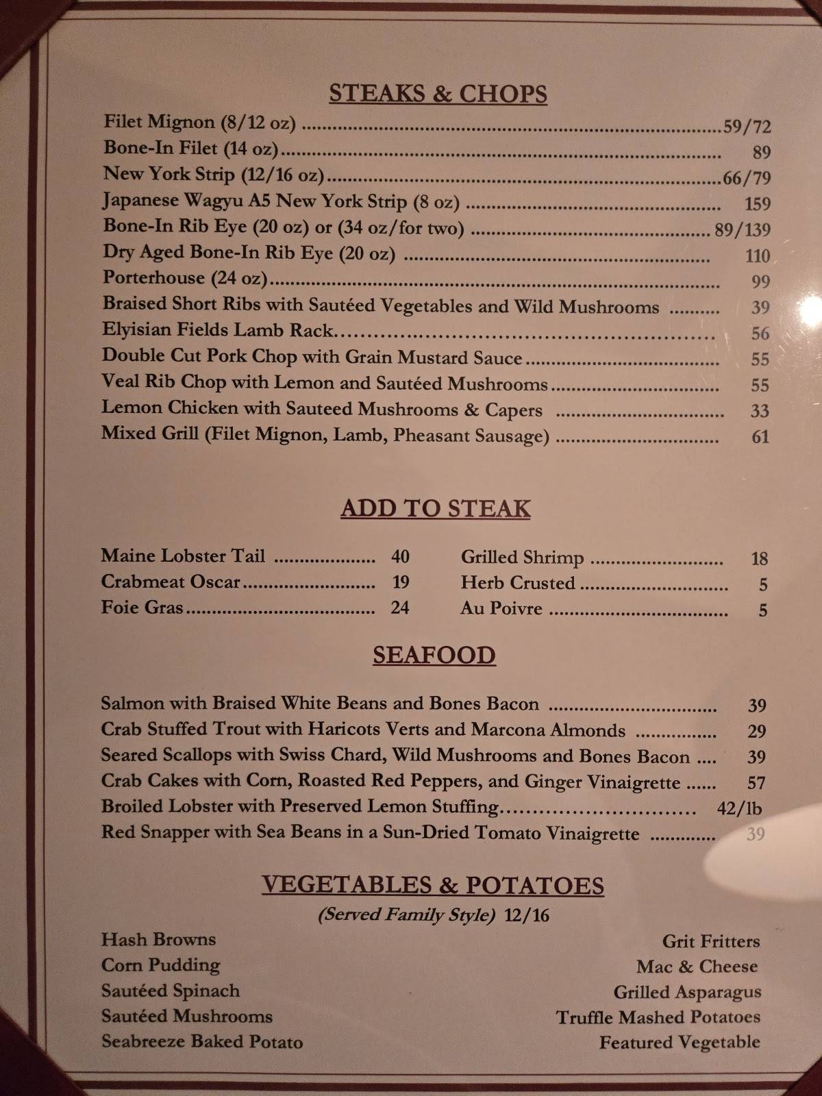 Menu at Bones Restaurant, Atlanta