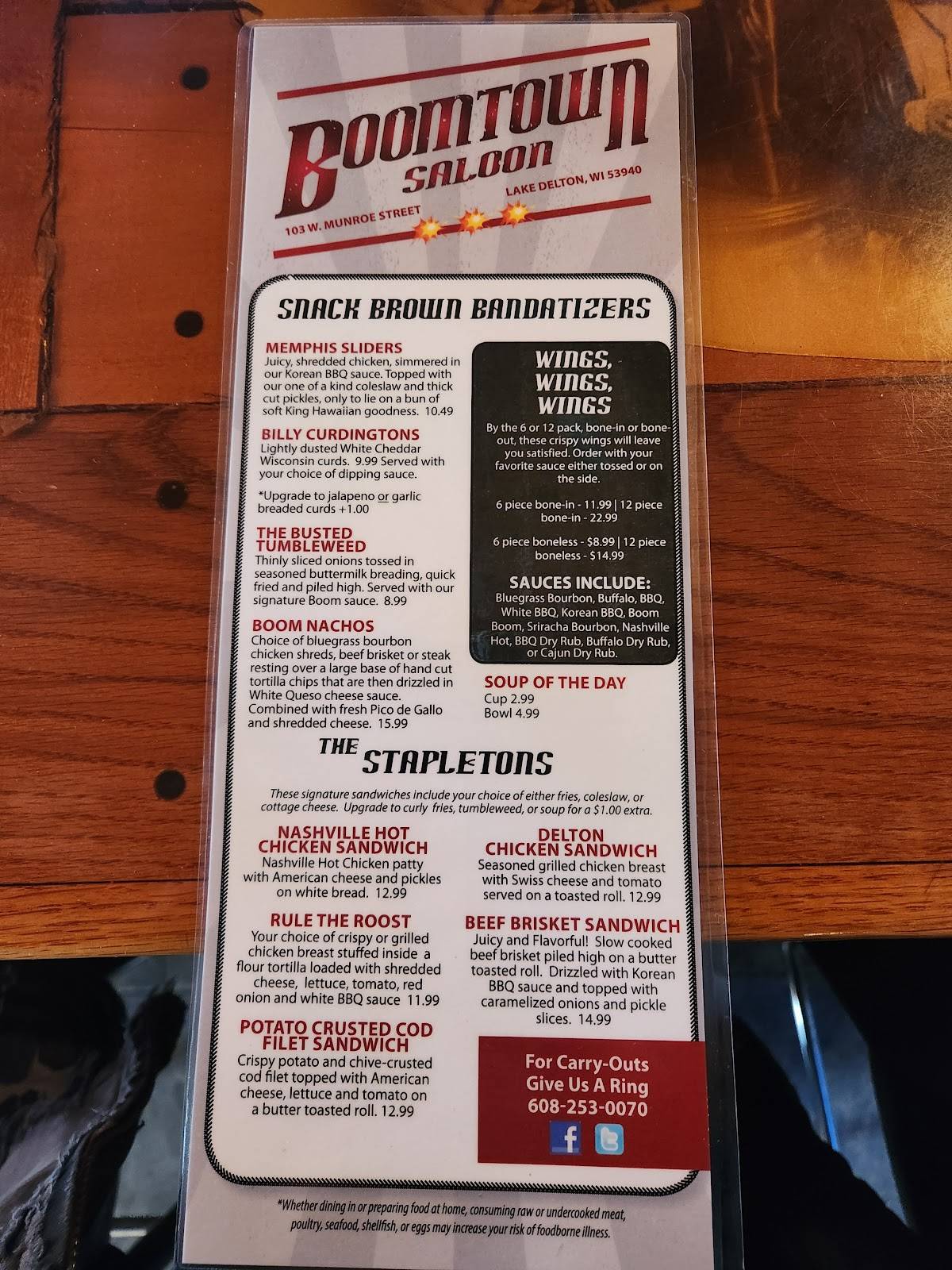 Menu at Boomtown Saloon Country Bar, Wisconsin Dells