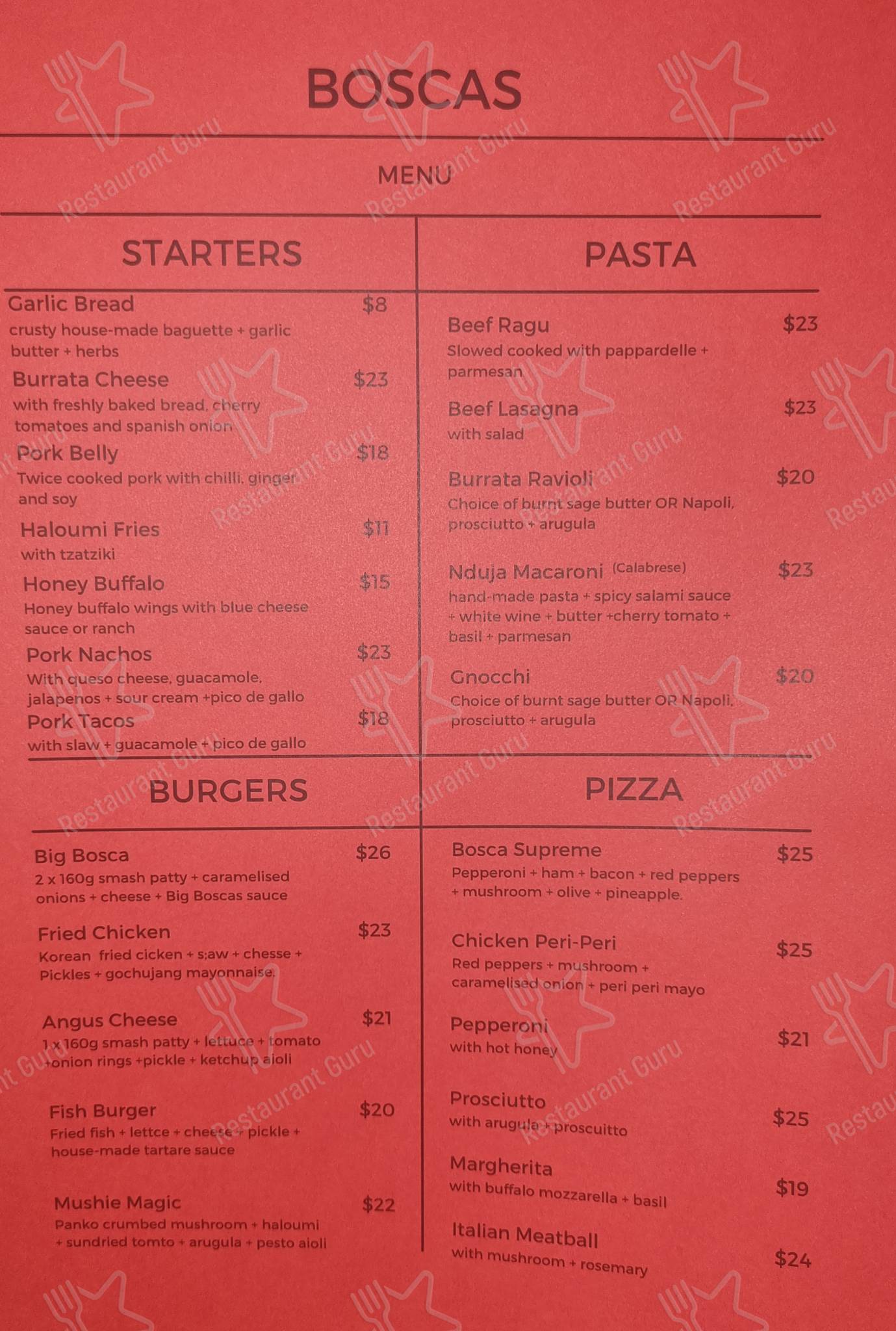 Menu at Bosca's Bar and Bistro, Mareeba