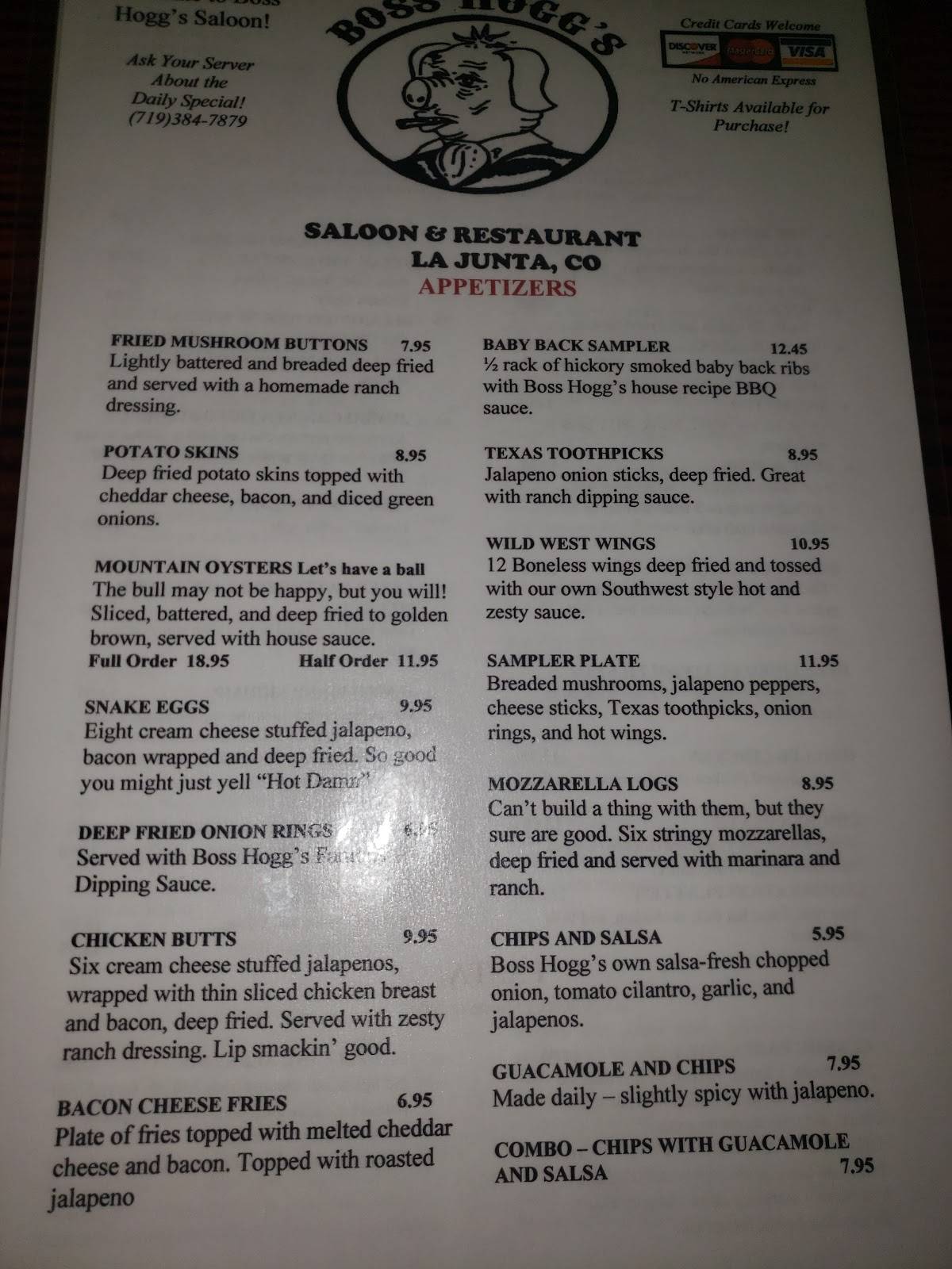 Menu at Boss Hogg's Saloon & Restaurant, La Junta