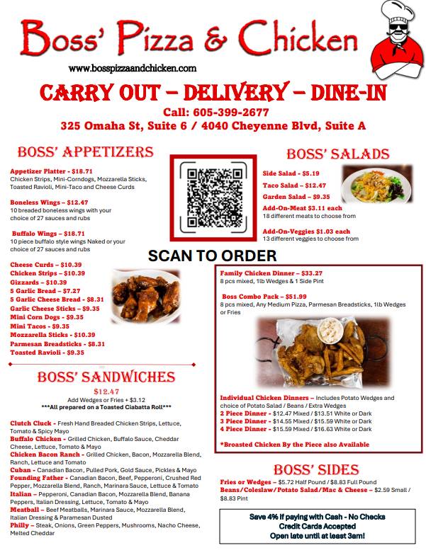 Carta de pizzería Boss' Pizza & Chicken Rapid City Tuscany, Rapid City ...